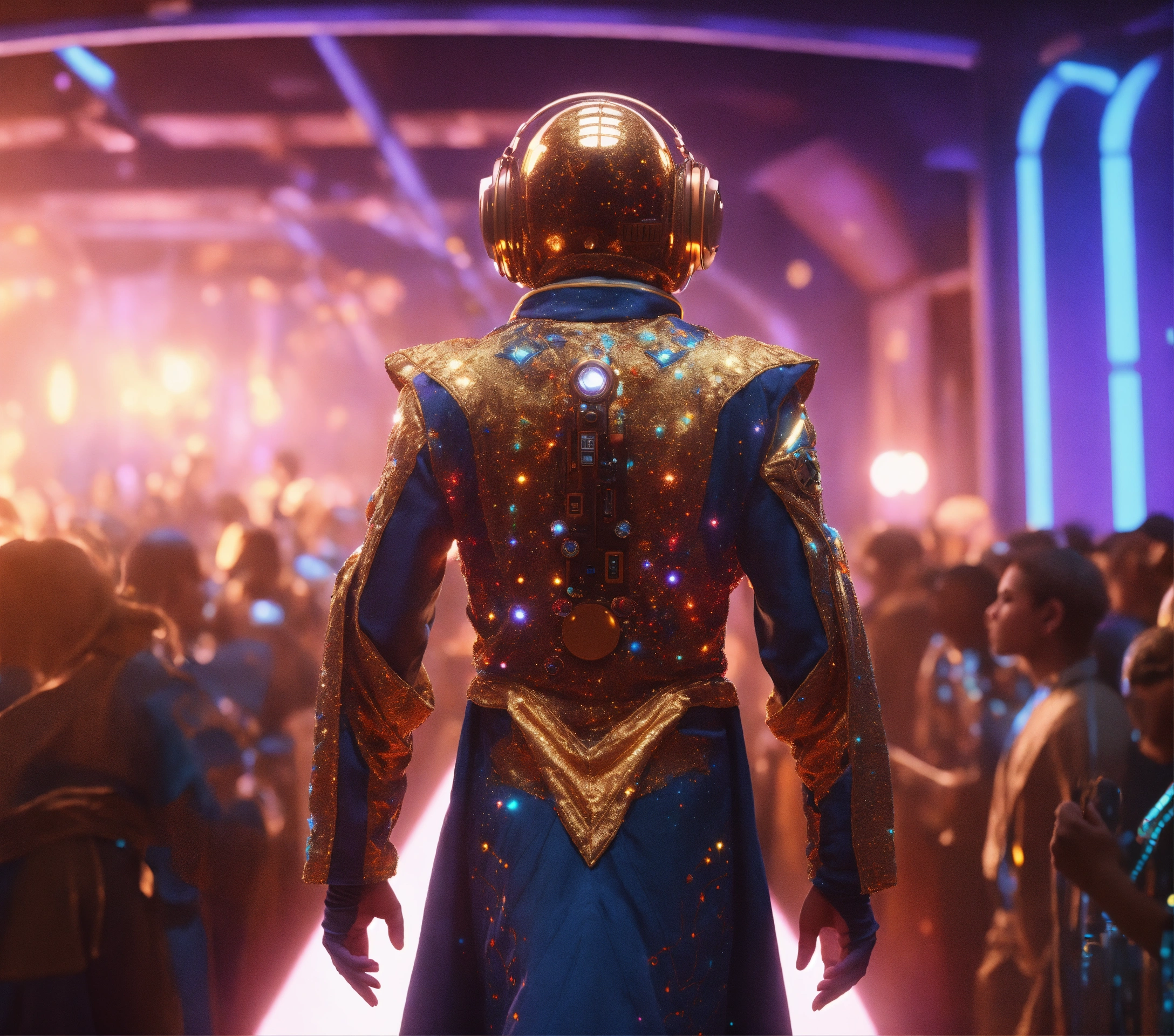 Lexica - Zoom out from a male humanoid wearing a fancy space robe with ...