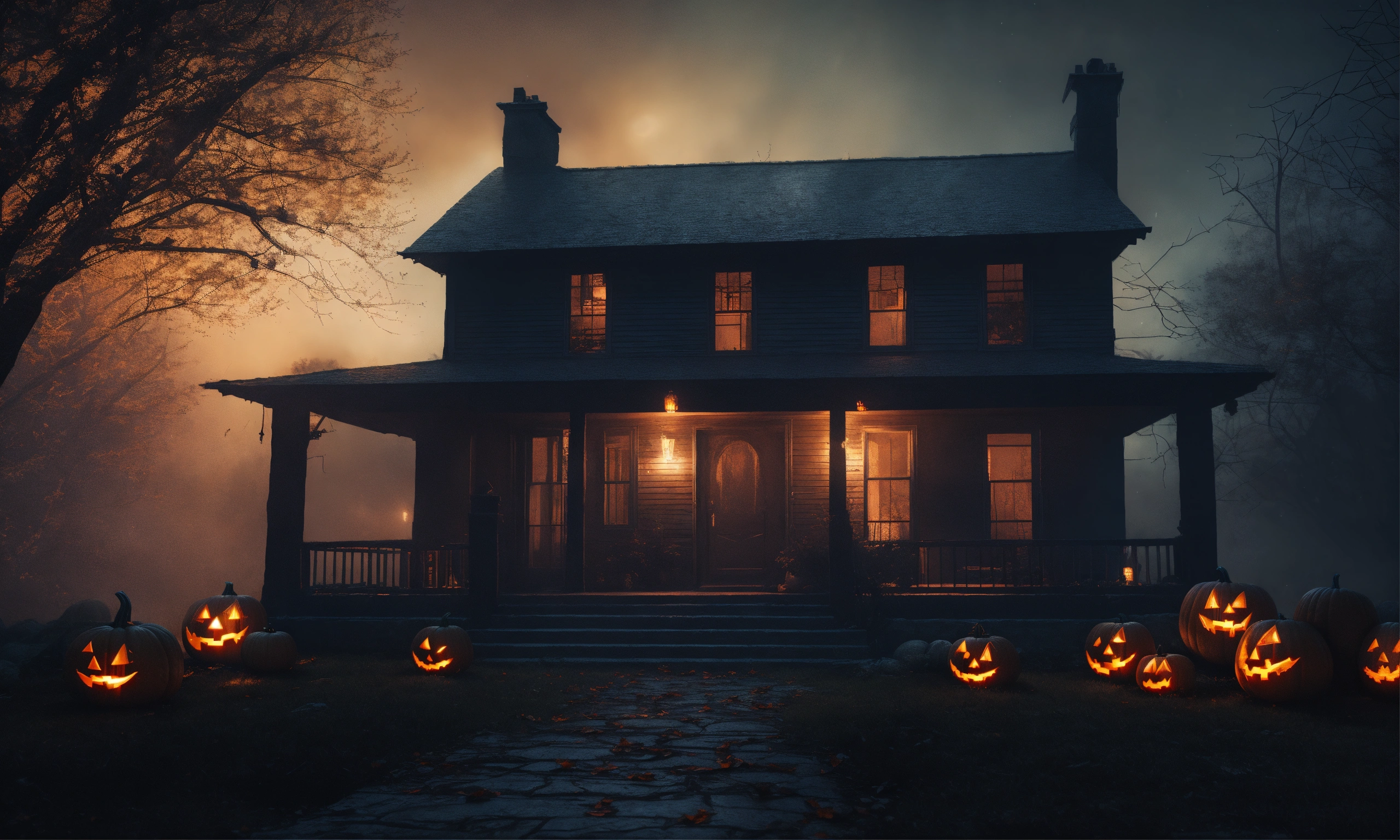 Lexica - Spooky dark modern home at night; decorated in halloween ...