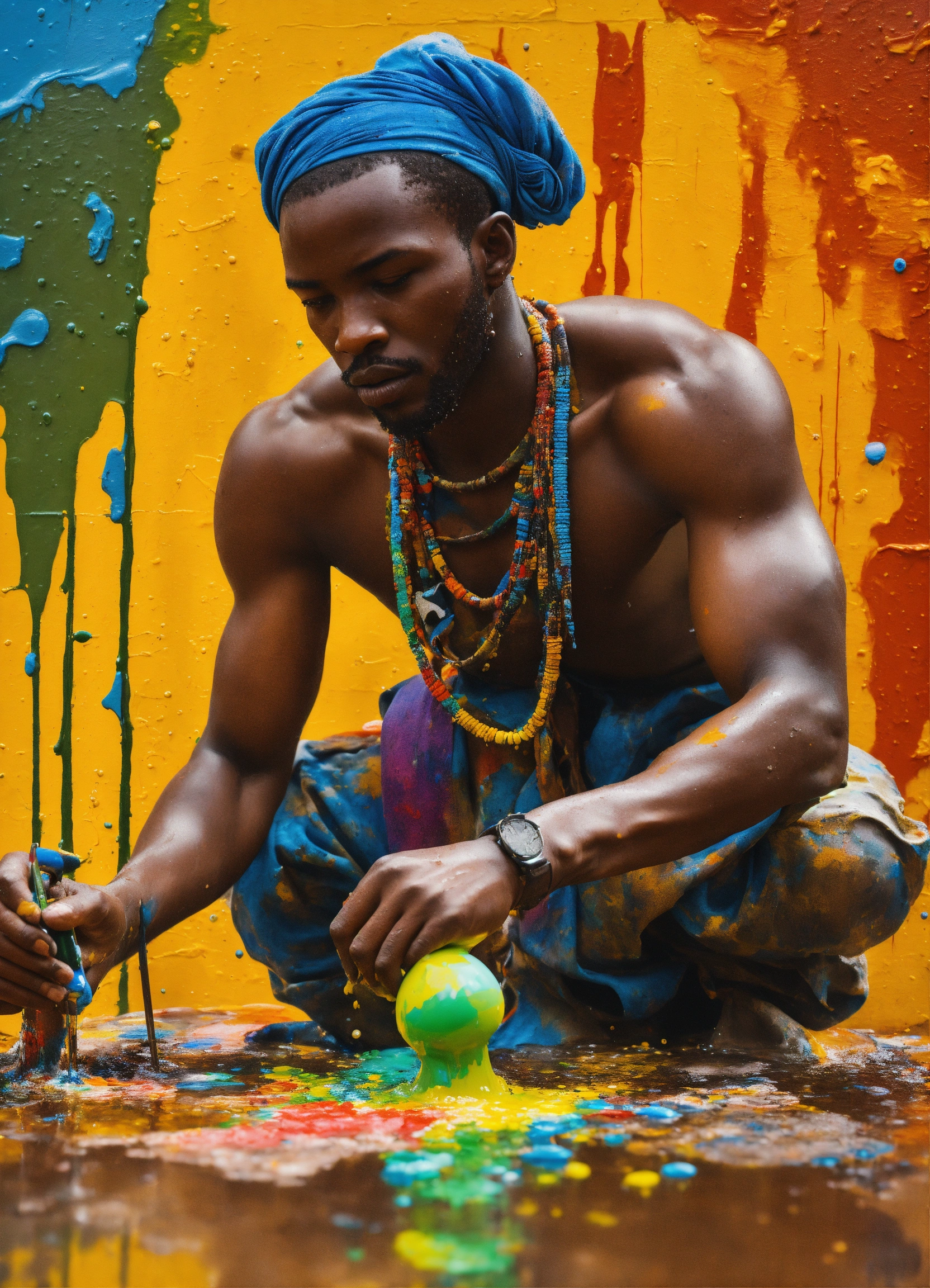 Lexica - African,A male artist fights against a large paint pot,african ...