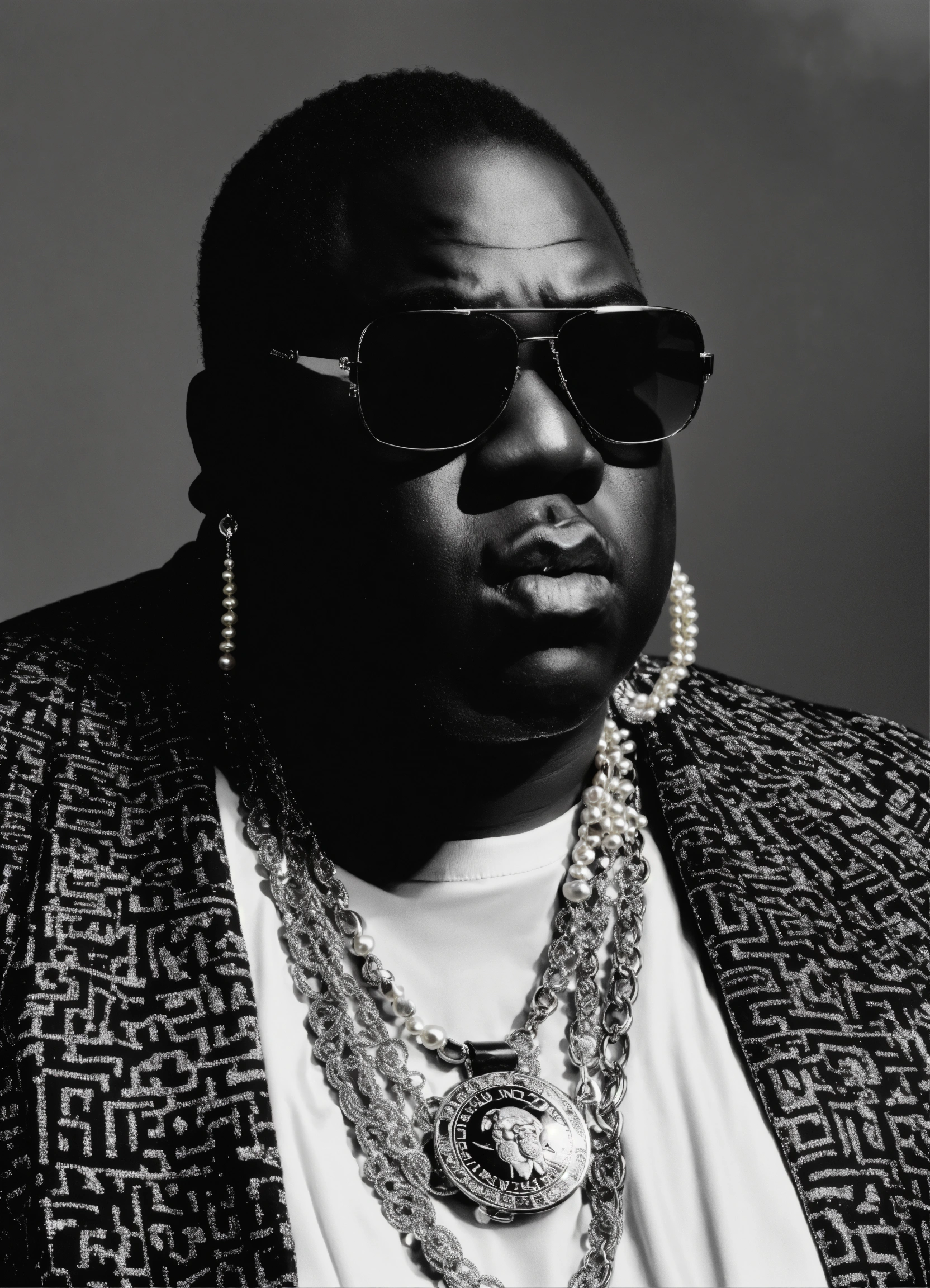Lexica - Notorious BIG, wearing pearl earrings, black and white ...