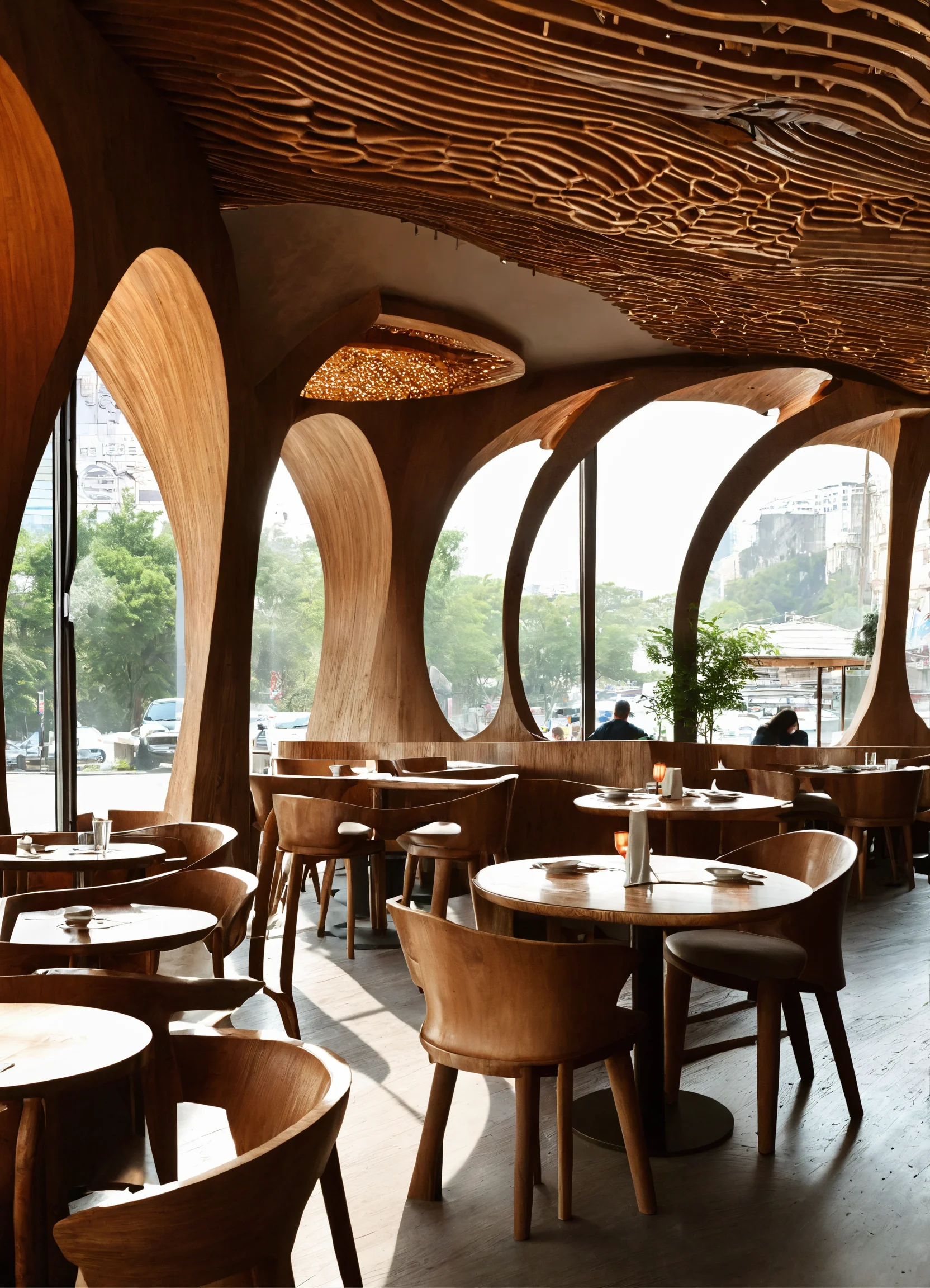 Lexica - Wooden restaurant with round shaped windows, fluid ceiling ...