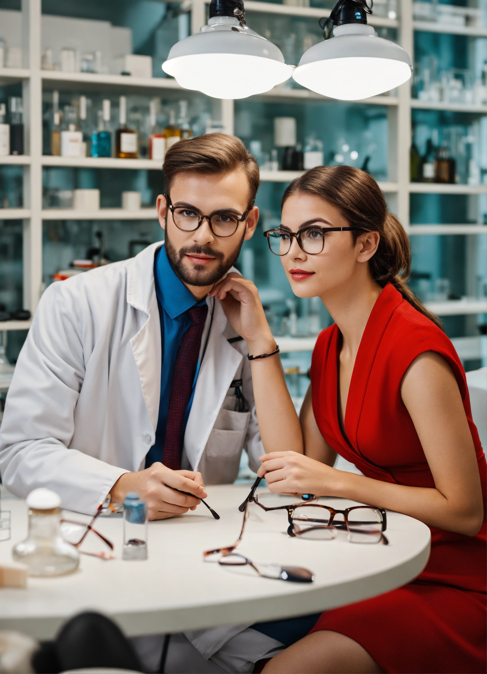Lexica - Man in lab coat and woman, customer, red dress, eyeglasses, sit at a table, choose ...
