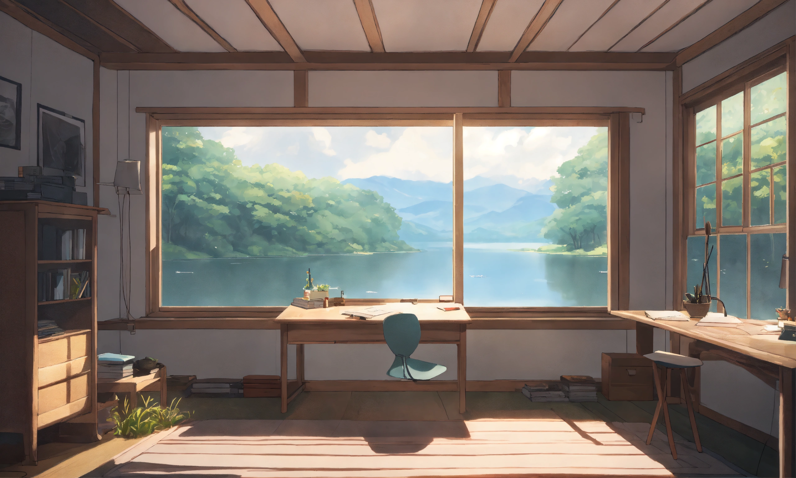 Lexica - Minimal study room in lake side house, light grey wooden ...