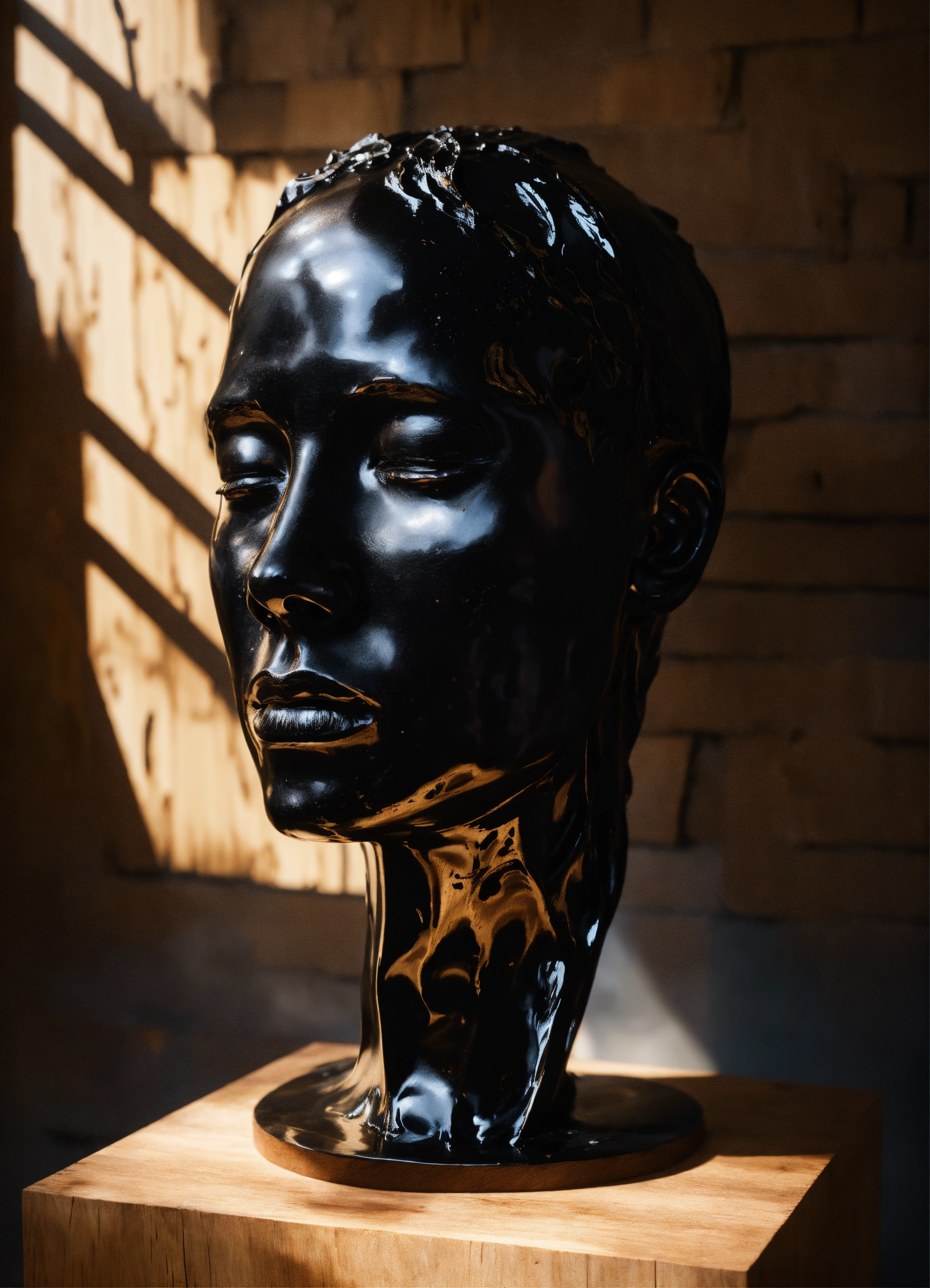 Lexica - A wood sculpture of a head, black paint melted, hd render ...