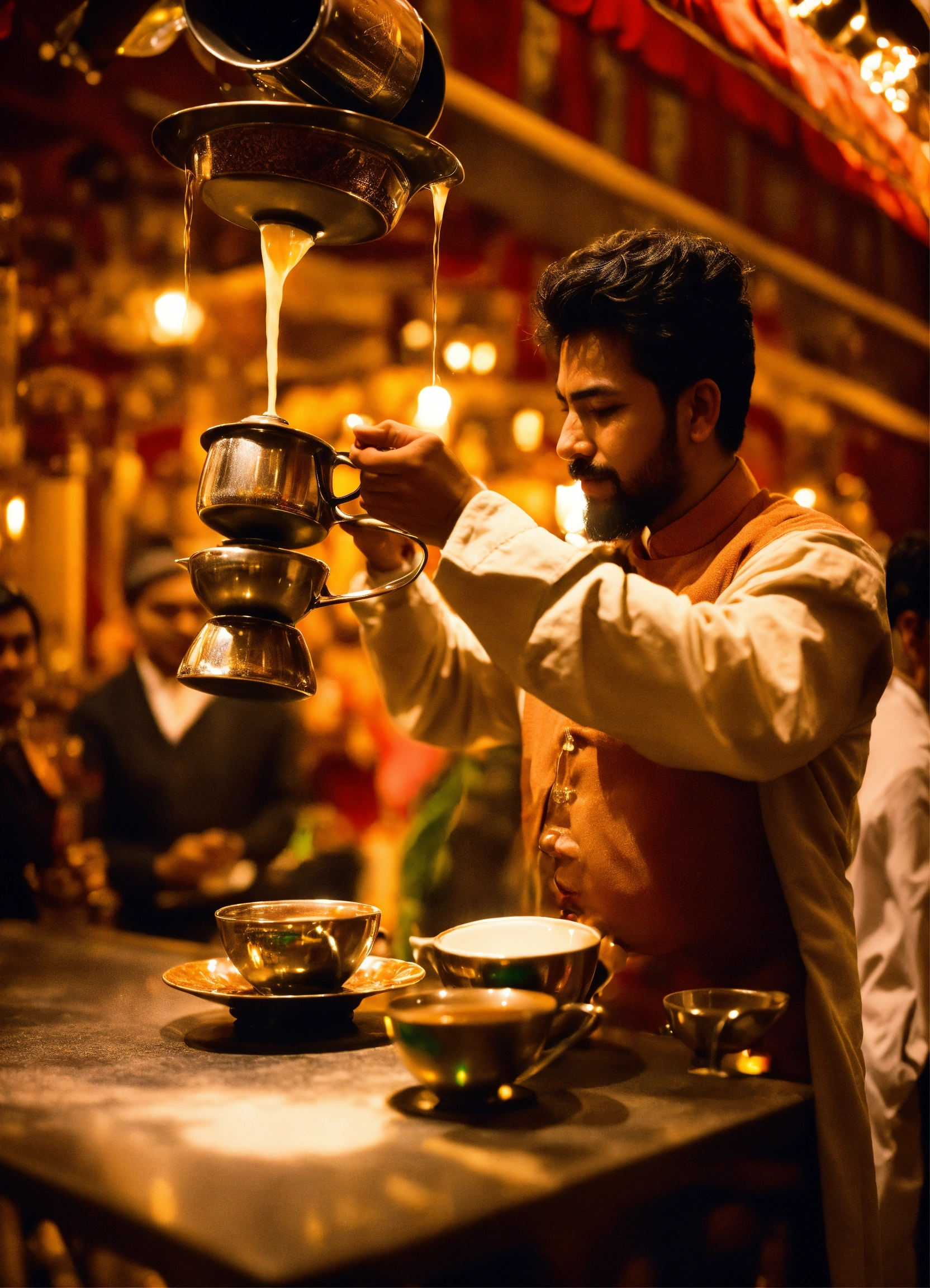 Lexica - Chai master pouring Chai tea from one cup to another cup that ...
