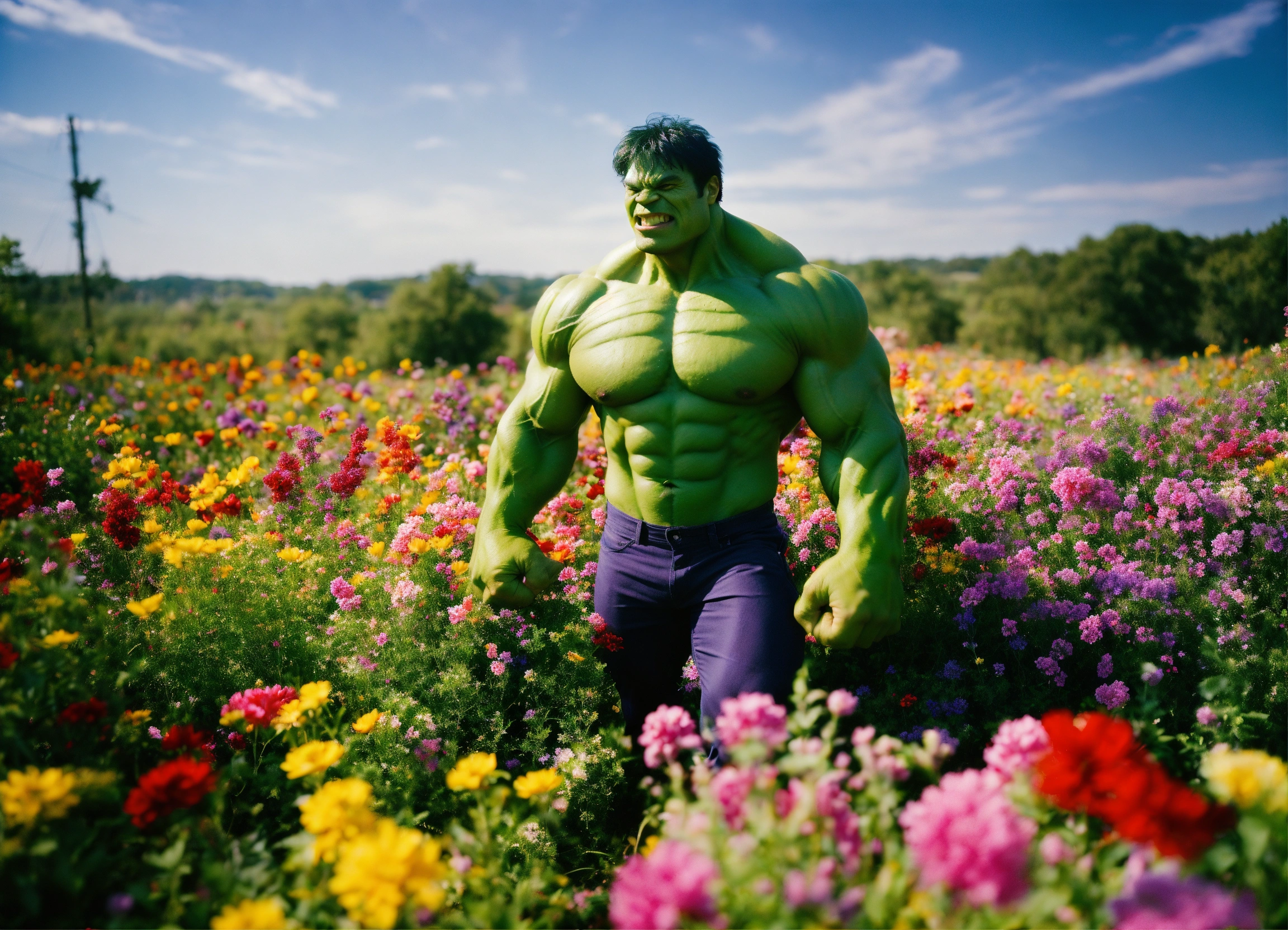 Lexica - Happy Hulk standing in a beautiful field of flowers, colorful ...