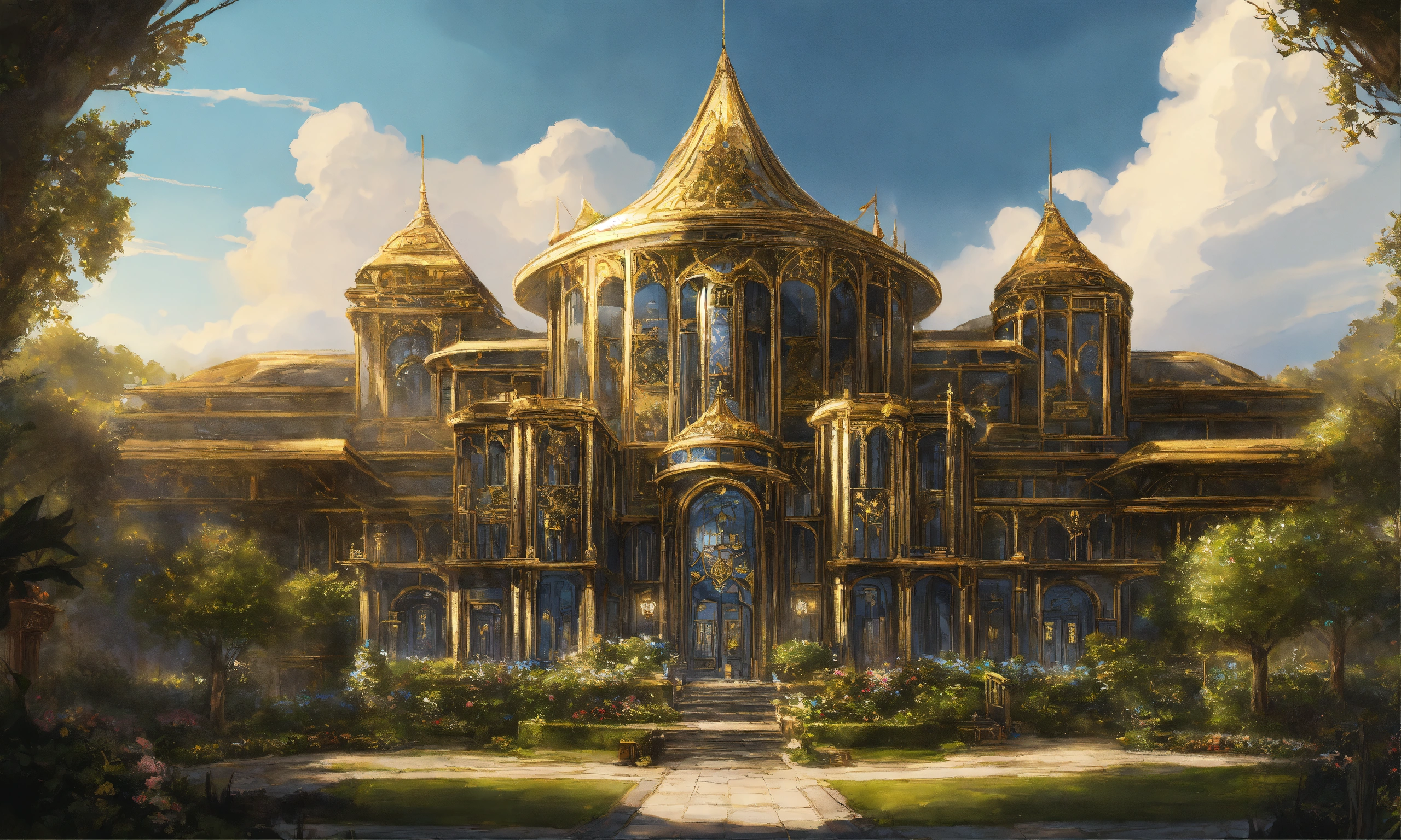 Lexica - Drawing of the full image of a massive black and gold elegant high elf sci fi palace ...