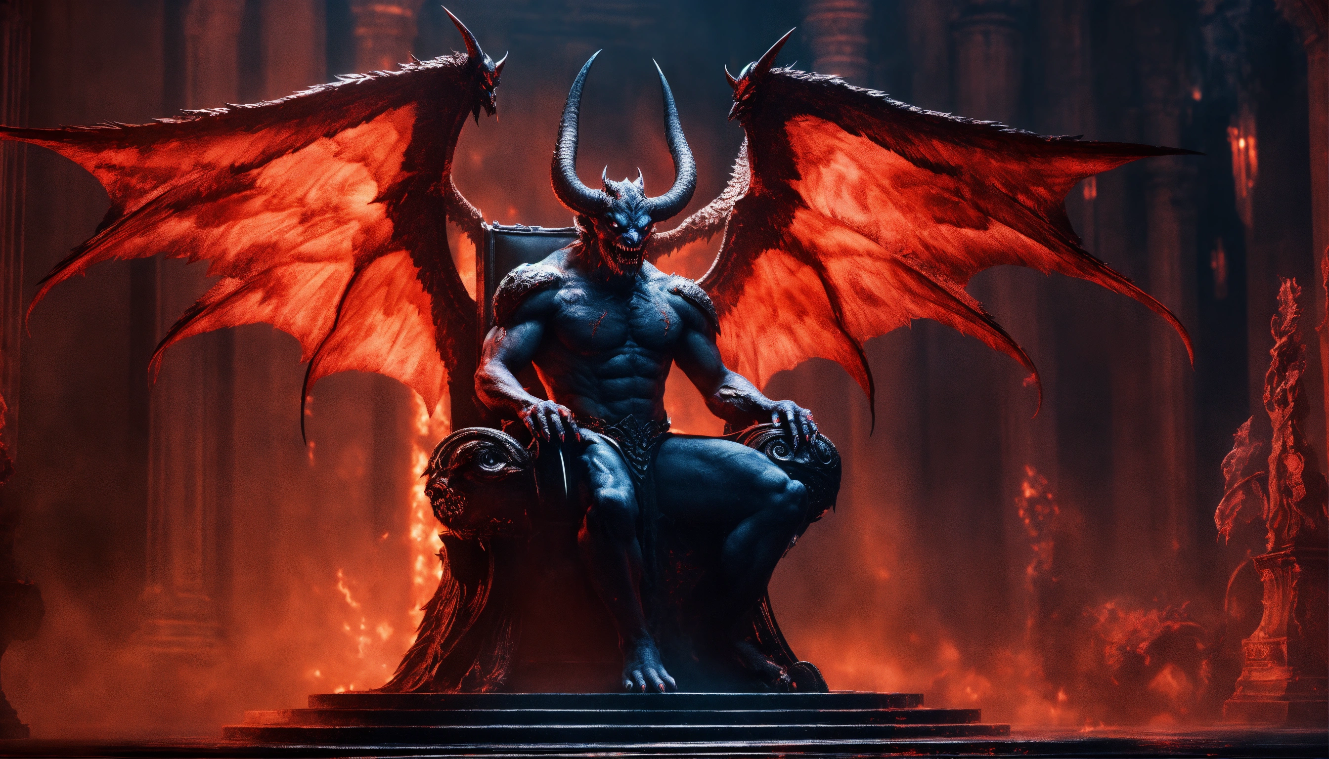 Lexica - Demon monster with wings, intrigued, sitting on a throne ...