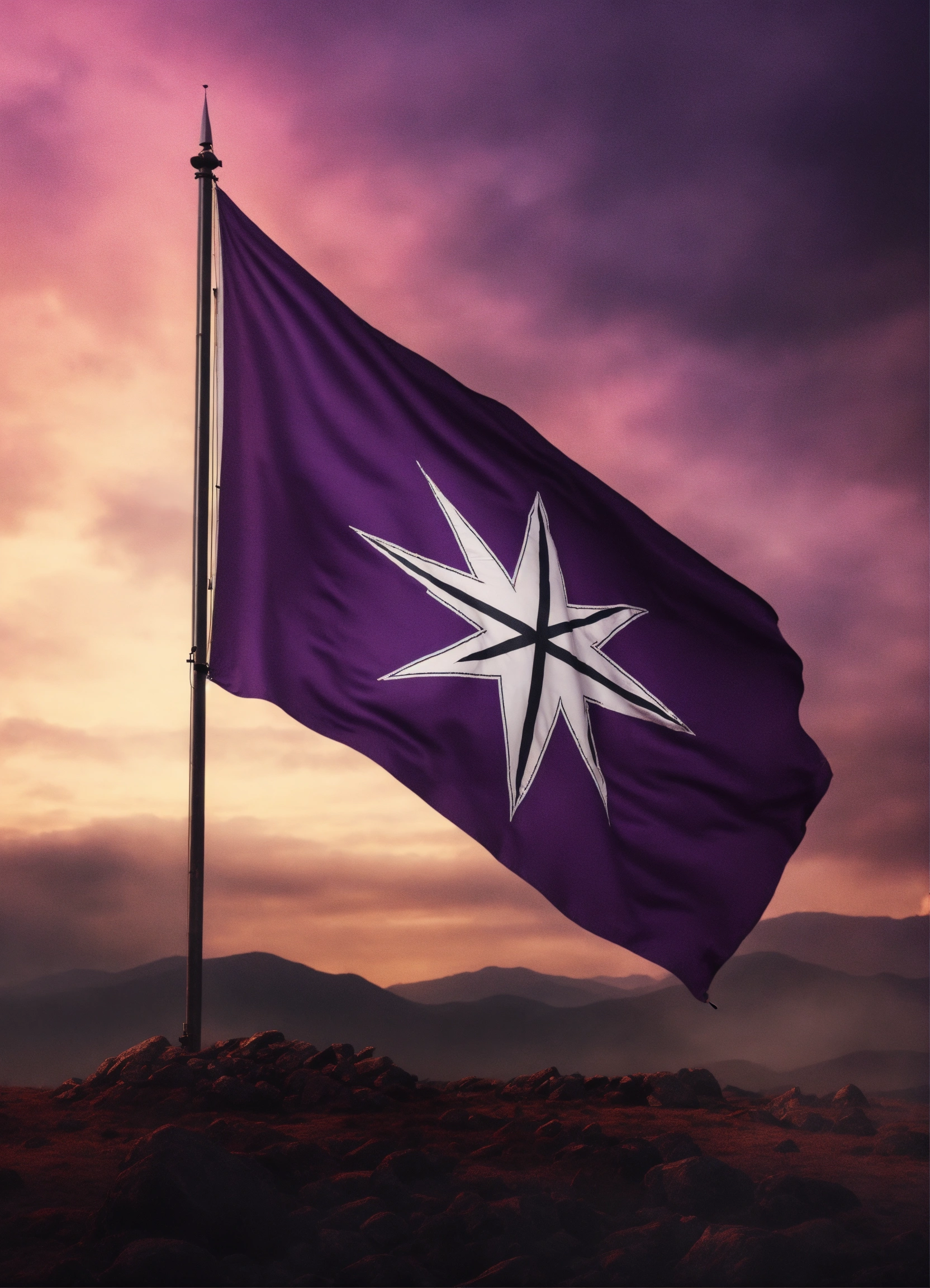 Lexica - A black flag with a purple eight pointed star, realistic ...