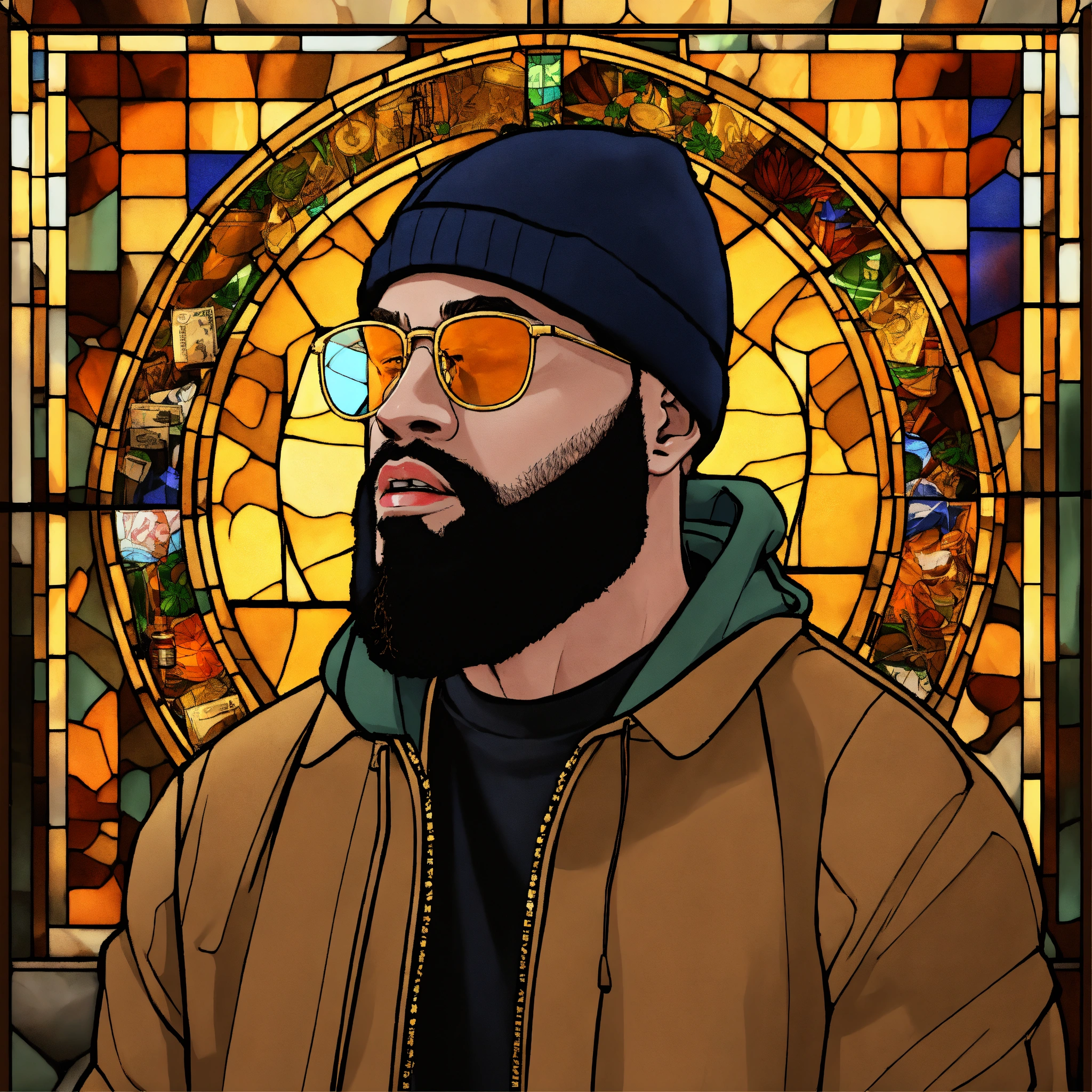 Lexica - HD, 4K, Background is a stained glass with images in the ...