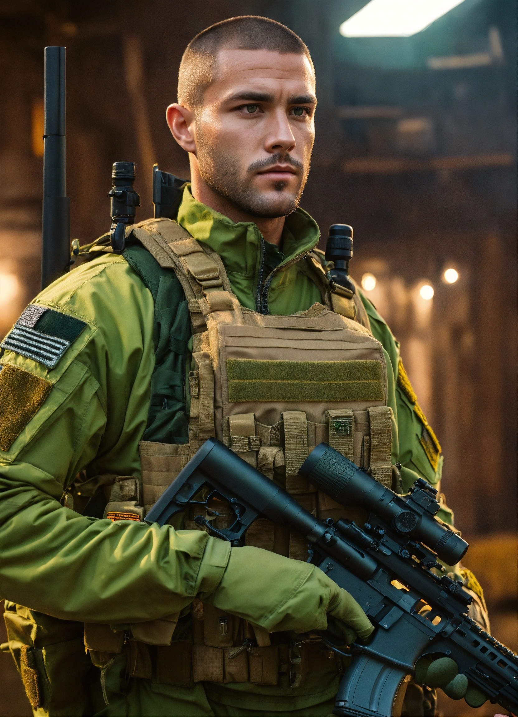 Lexica - A man in green tactical gear with brown hair, a 5 o clock ...