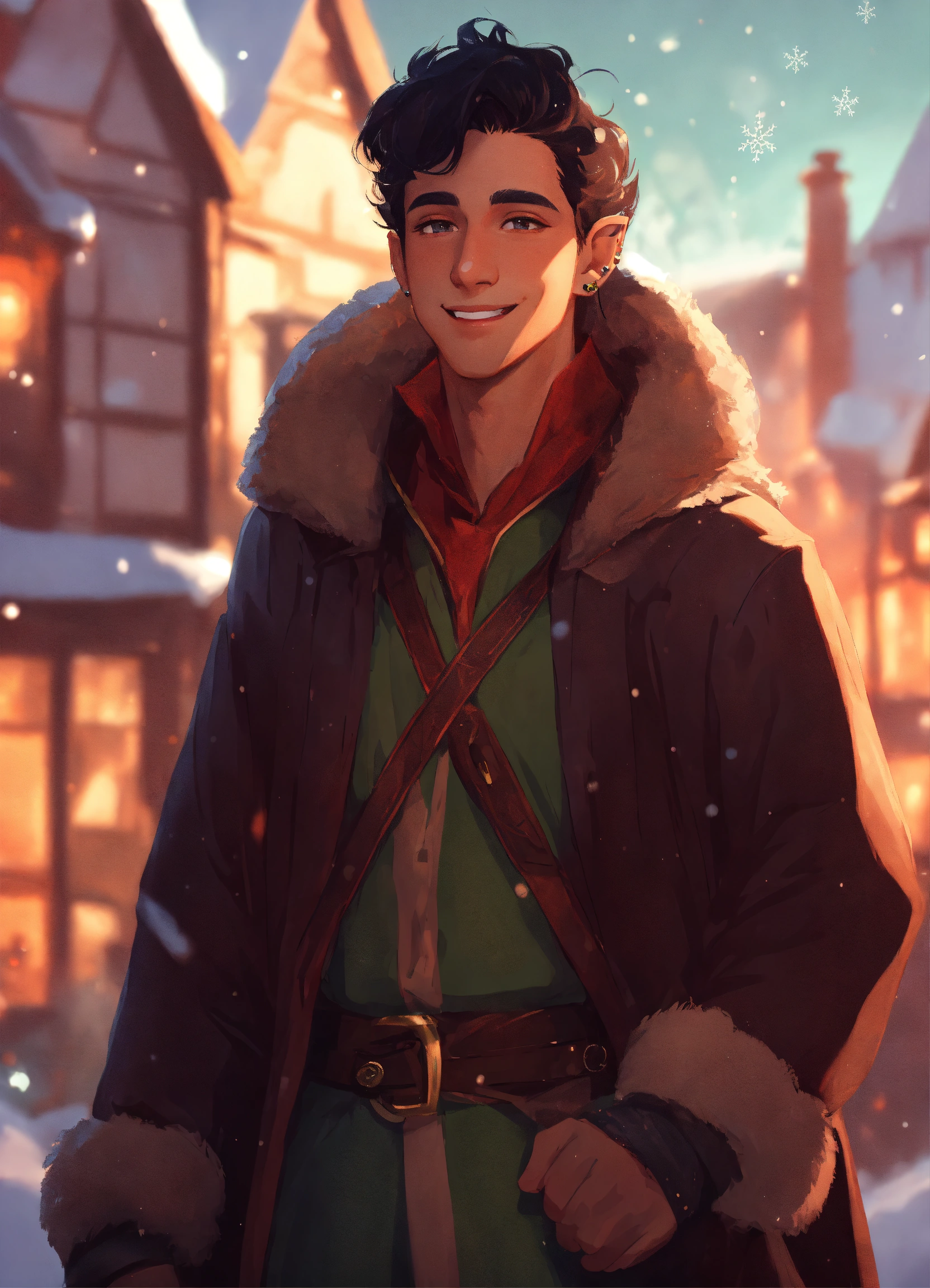 Lexica - 25 year old elf man, black hair, hazel eyes, smile, by james ...