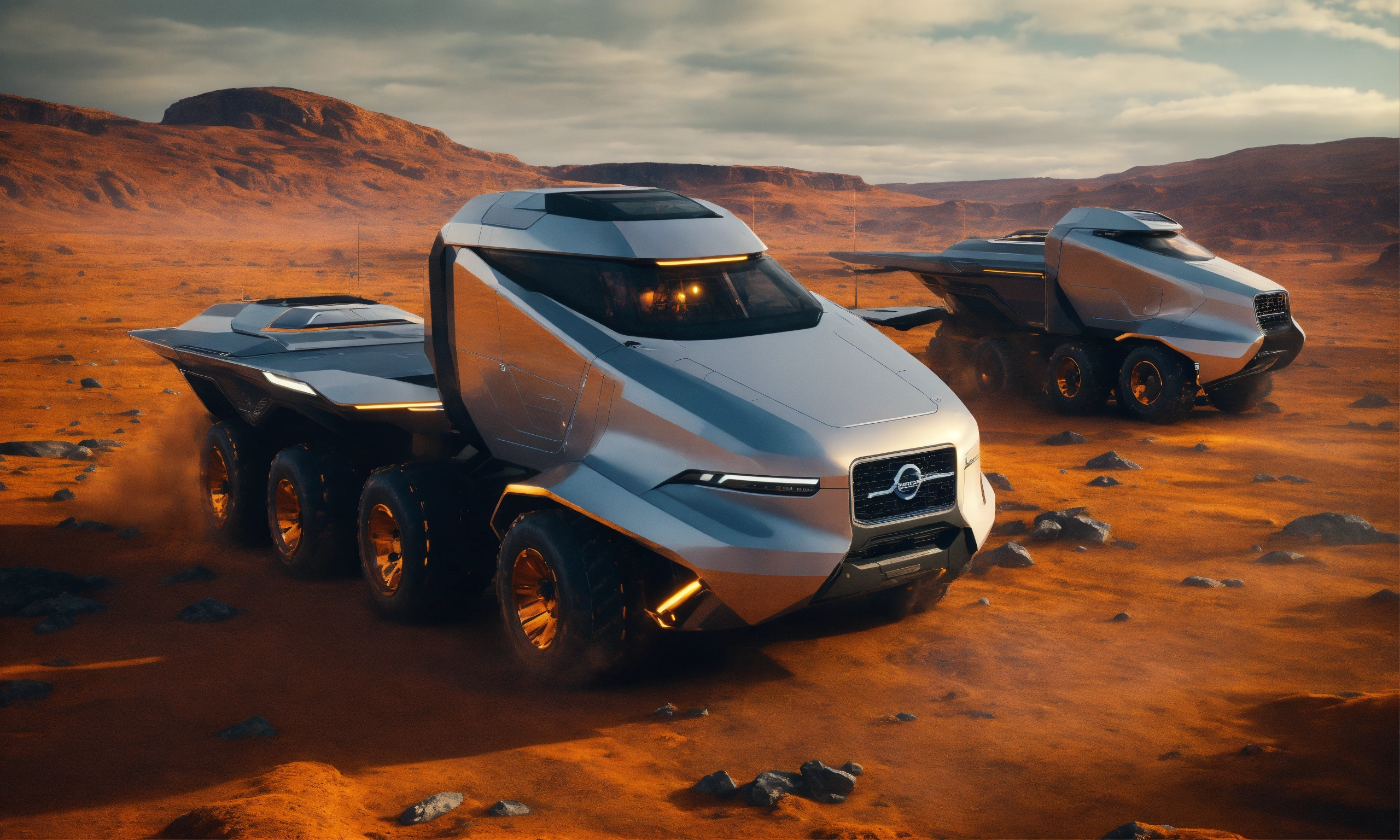 Lexica - Two volvo-truck spaceships hovering side by side with no ...