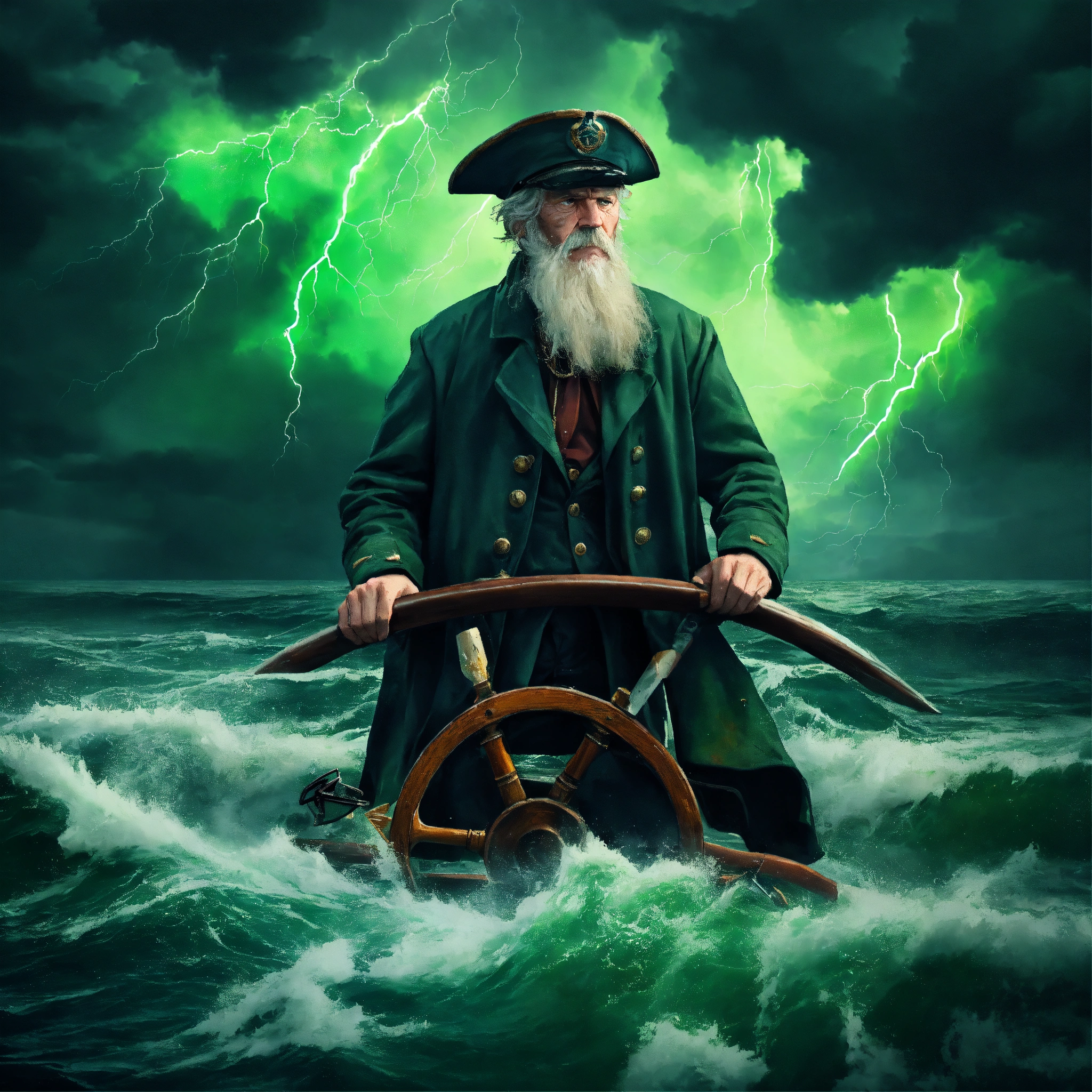 Lexica - Determined old sea captain, weathered face, steering his ship ...