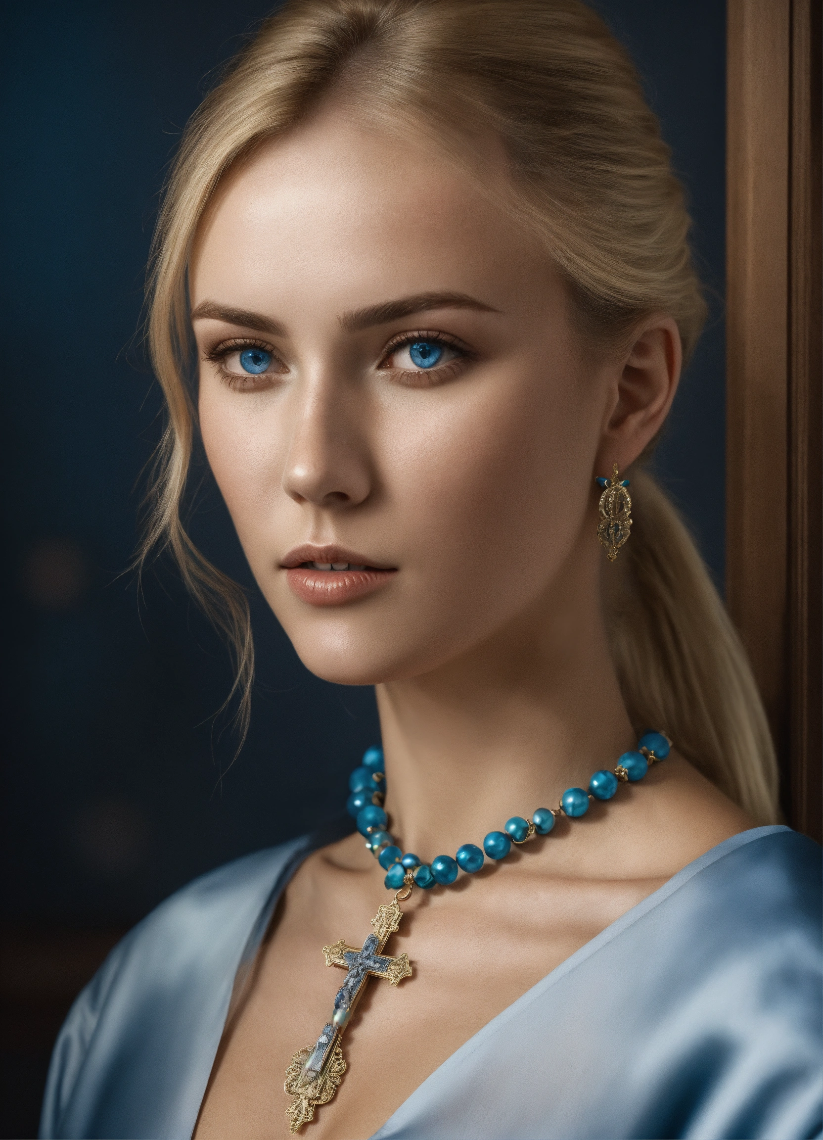 Lexica - A beautiful woman with blue eyes , blond hair in ponytail ...