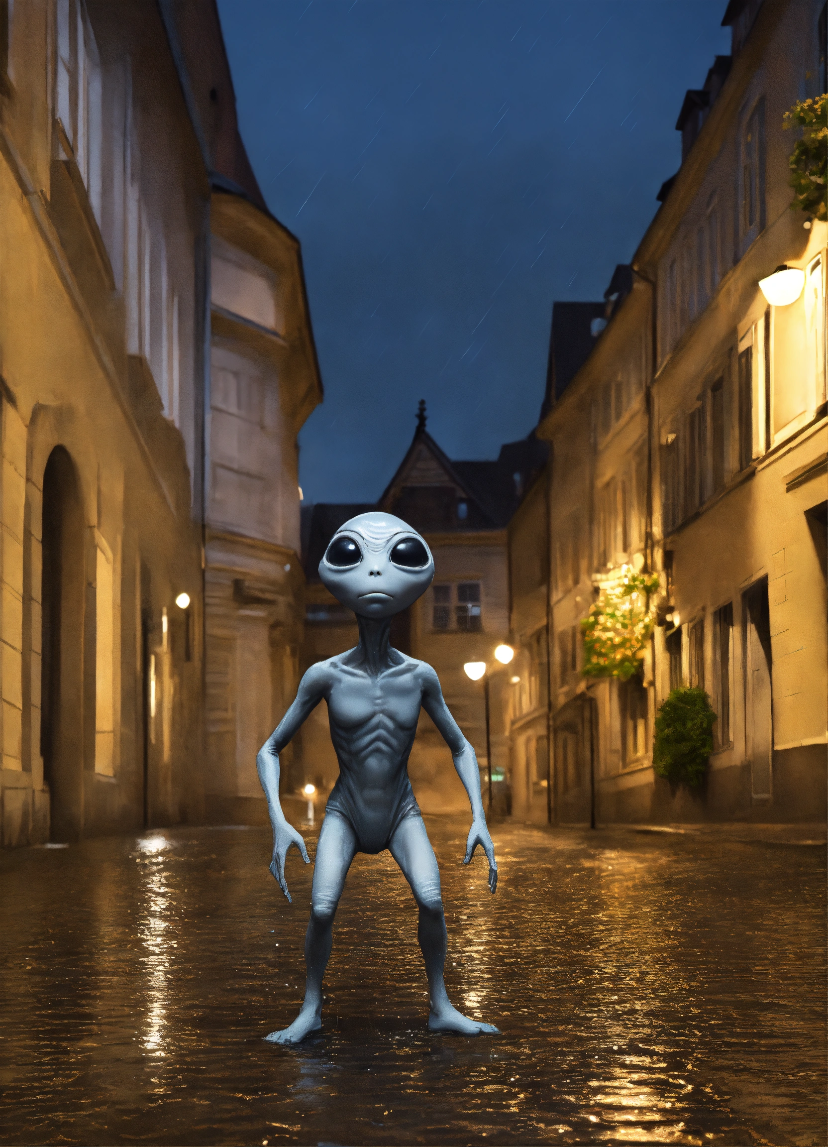 Lexica - Very cute, realistic grey alien standing in the street of ...