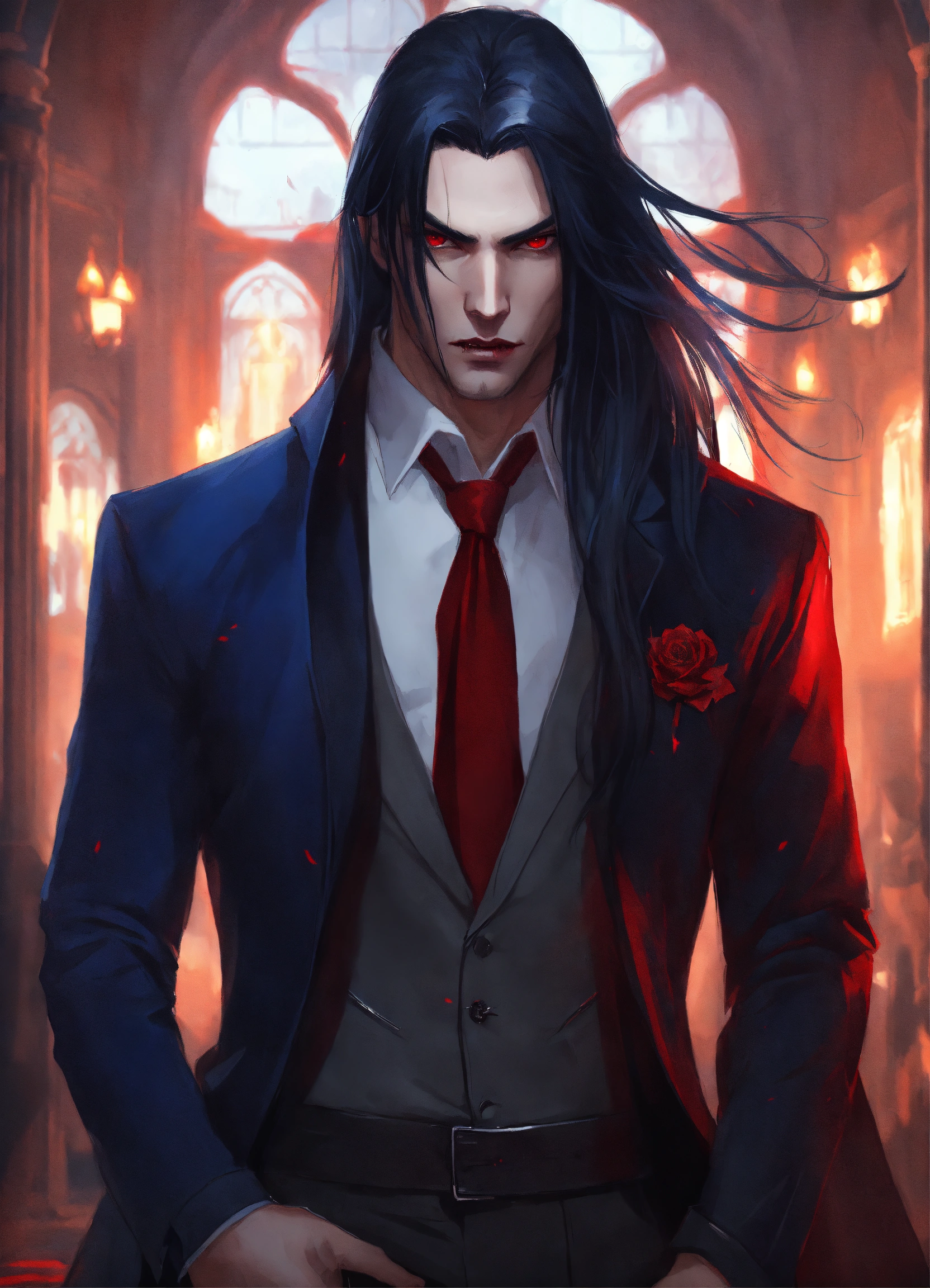 Lexica - Handsome man, long dark blue hair, red eyes, vampire , fierce ...