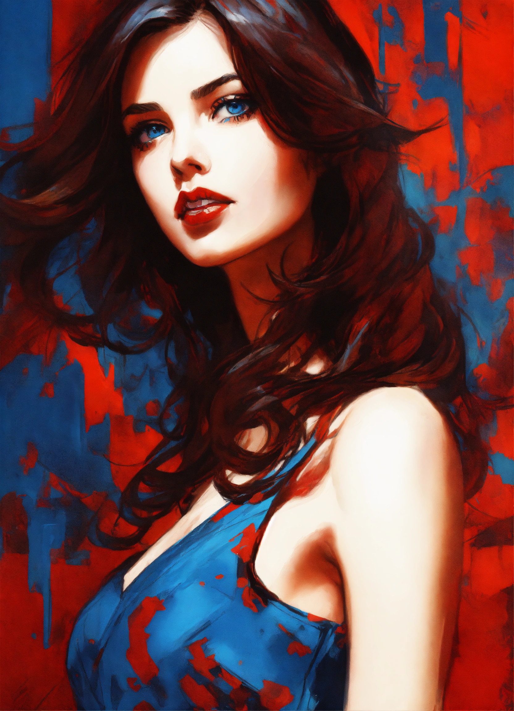 Lexica Pop Art Mysterious Beautiful Brunette Female Blue Eyes Red Dress Fantasy Concept