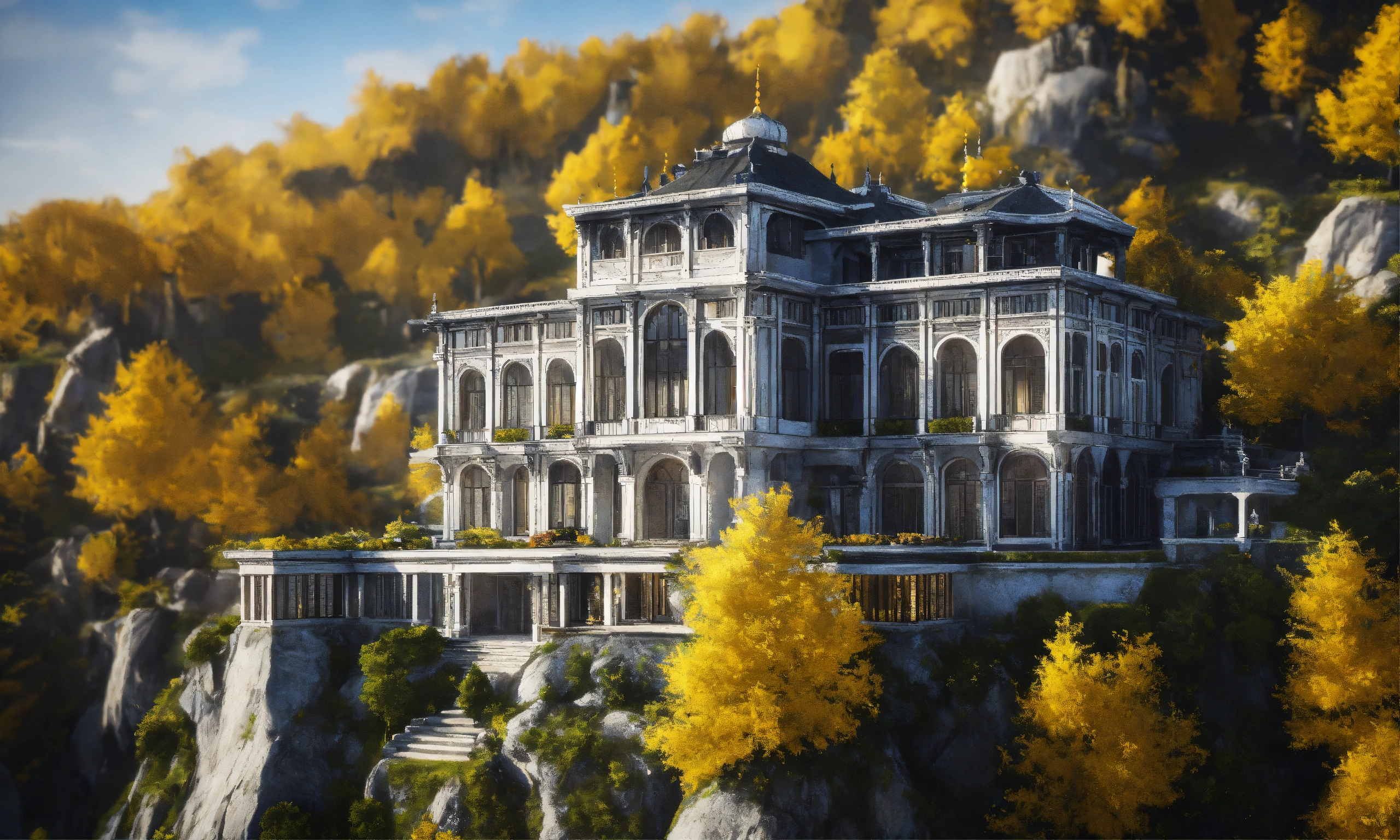 Lexica - Full image of a massive black and white and yellow palace on a ...