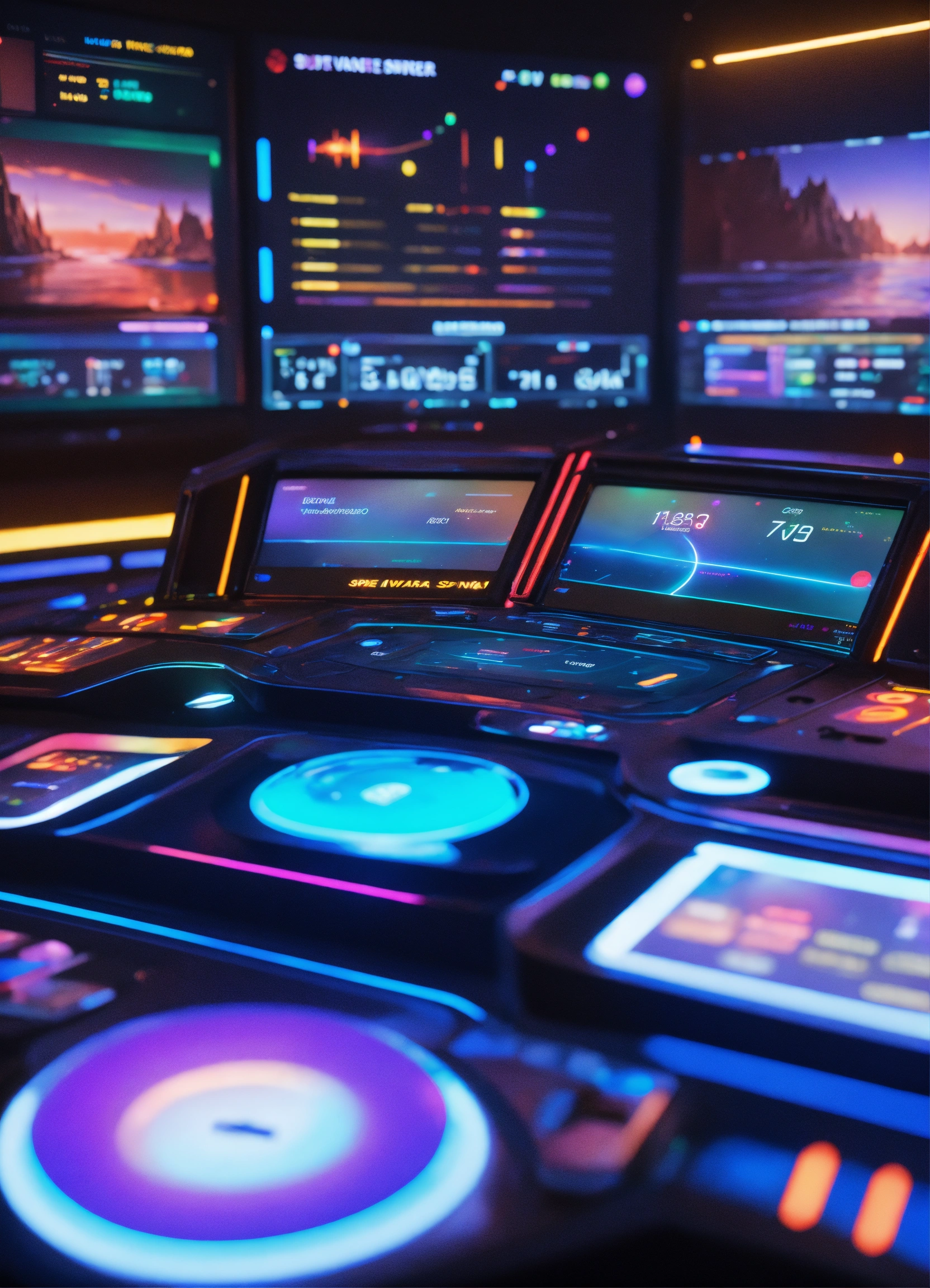 Lexica - Close up of 1 big screen in the center of a bunch of big ...