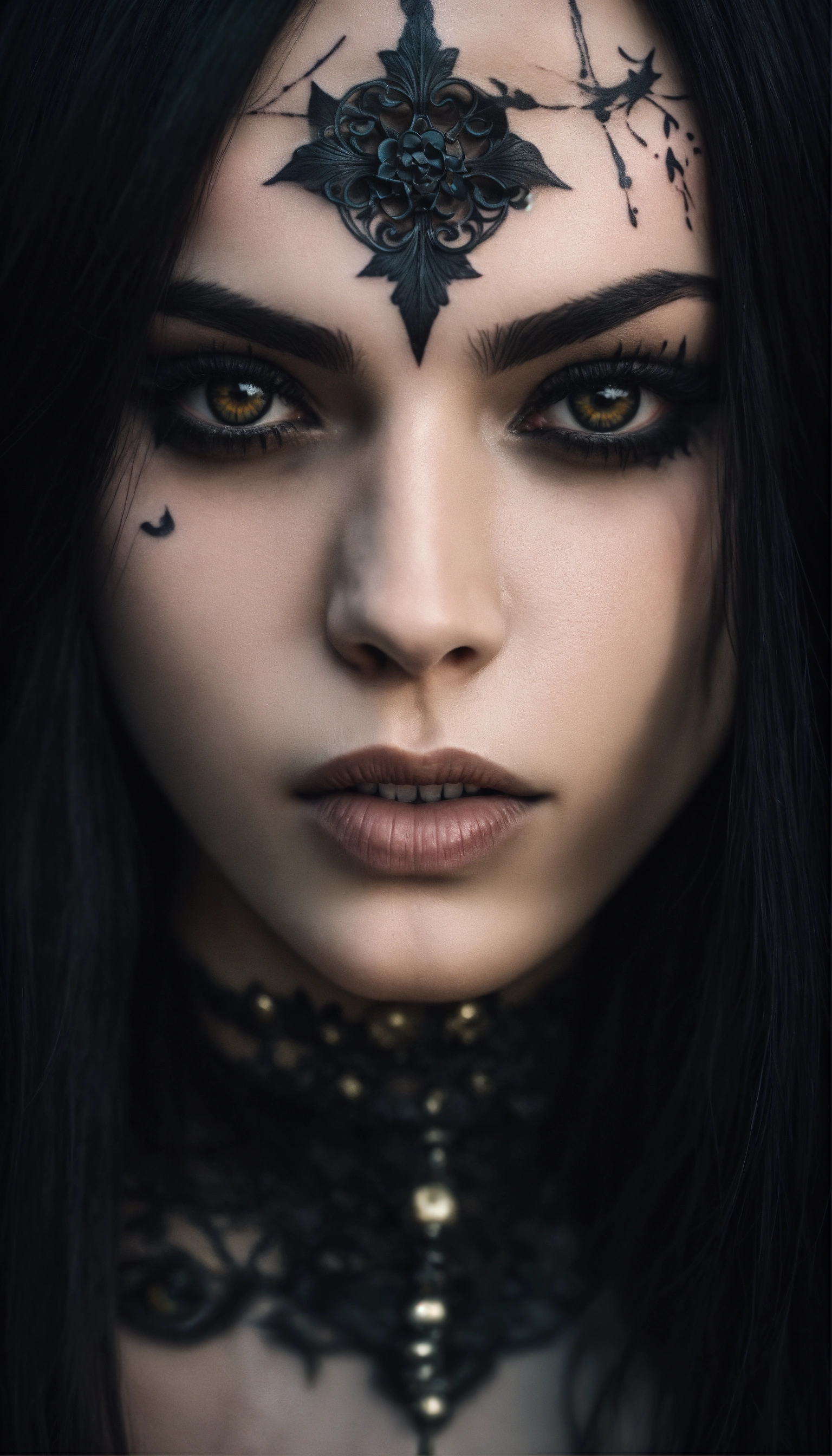 Lexica - A scary girl, close up face, pale skin, long crazy black hair ...
