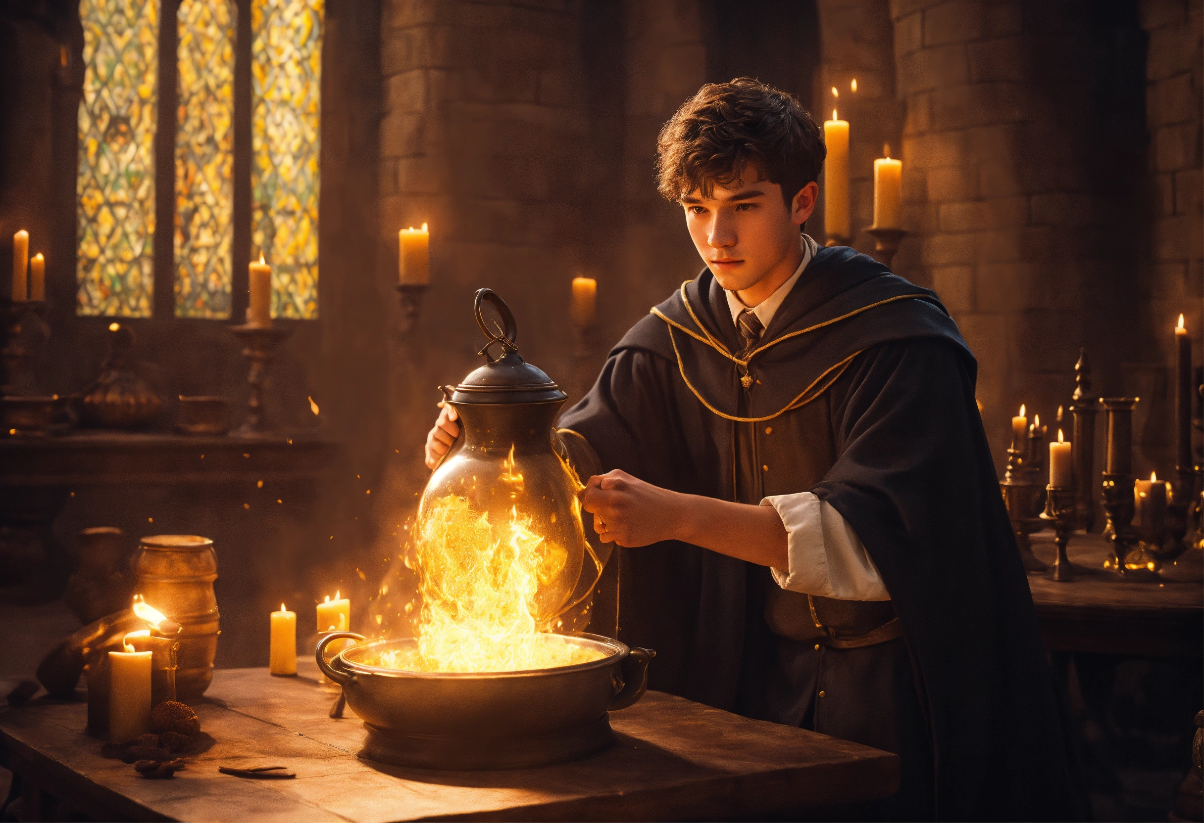 Lexica - Cute man young wizard, inside Hogwarts with a cauldron in his ...