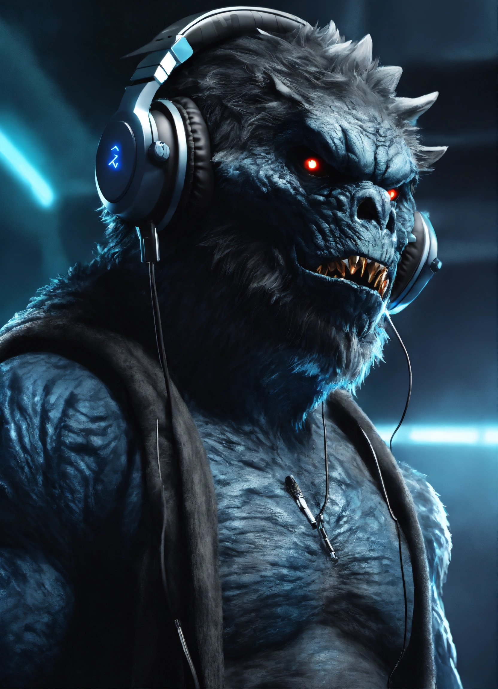 Lexica - Terror, realistic grey monster with headphones standing in ...