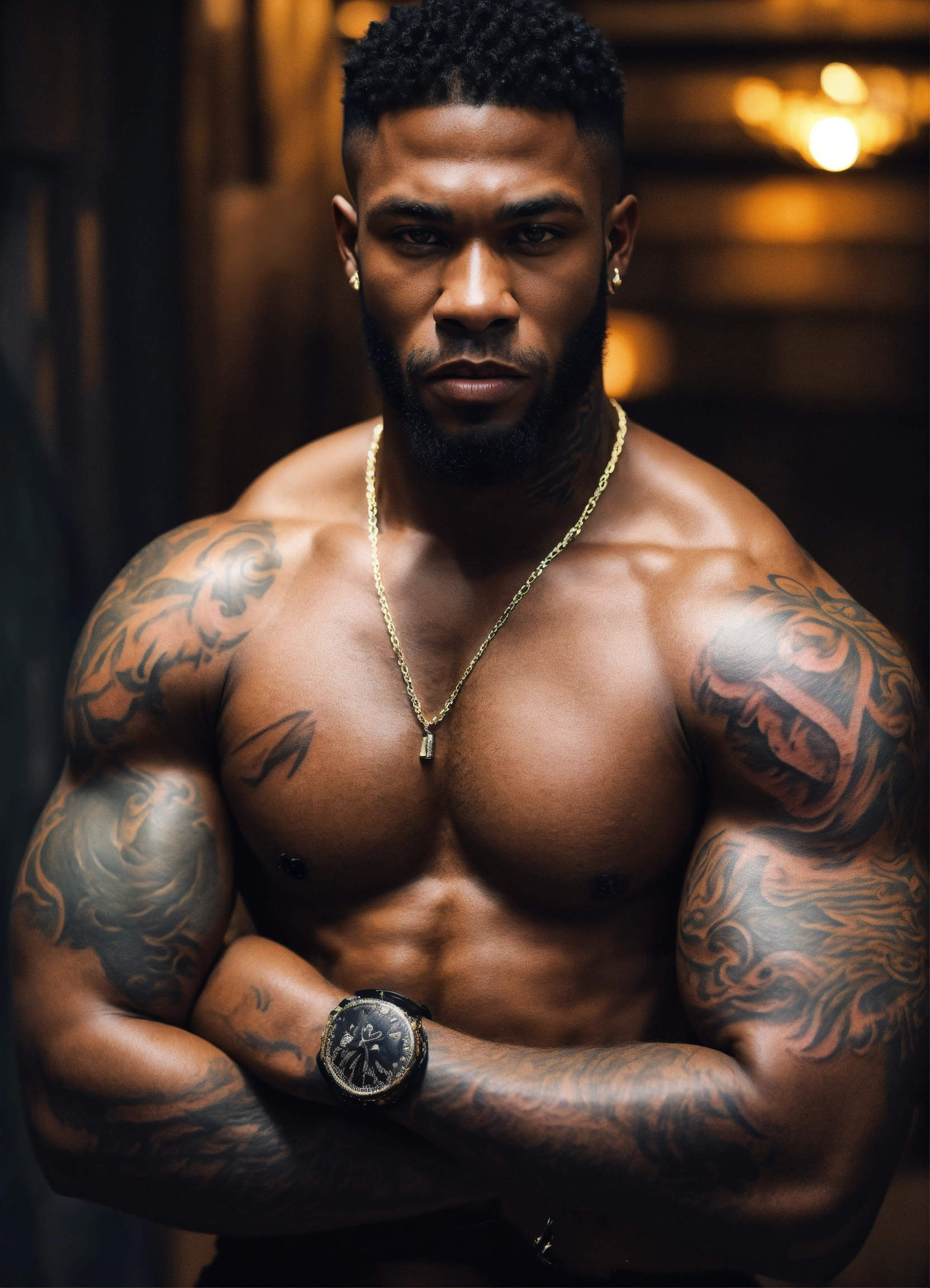 Lexica - Very handsome black man, werewolf shifter, tattoos on arms and ...