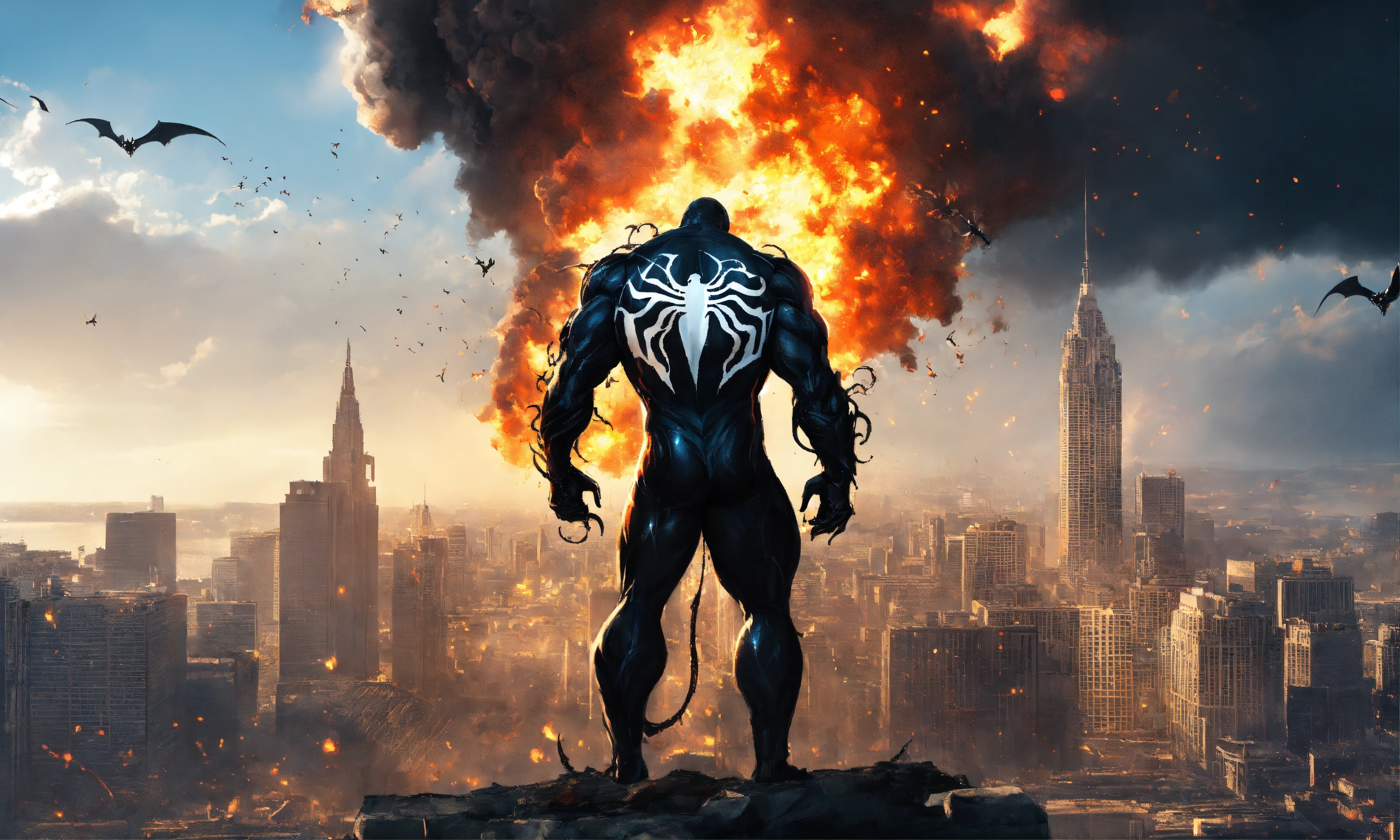 Lexica - Venom, 4k, city background with explosions, blue sky