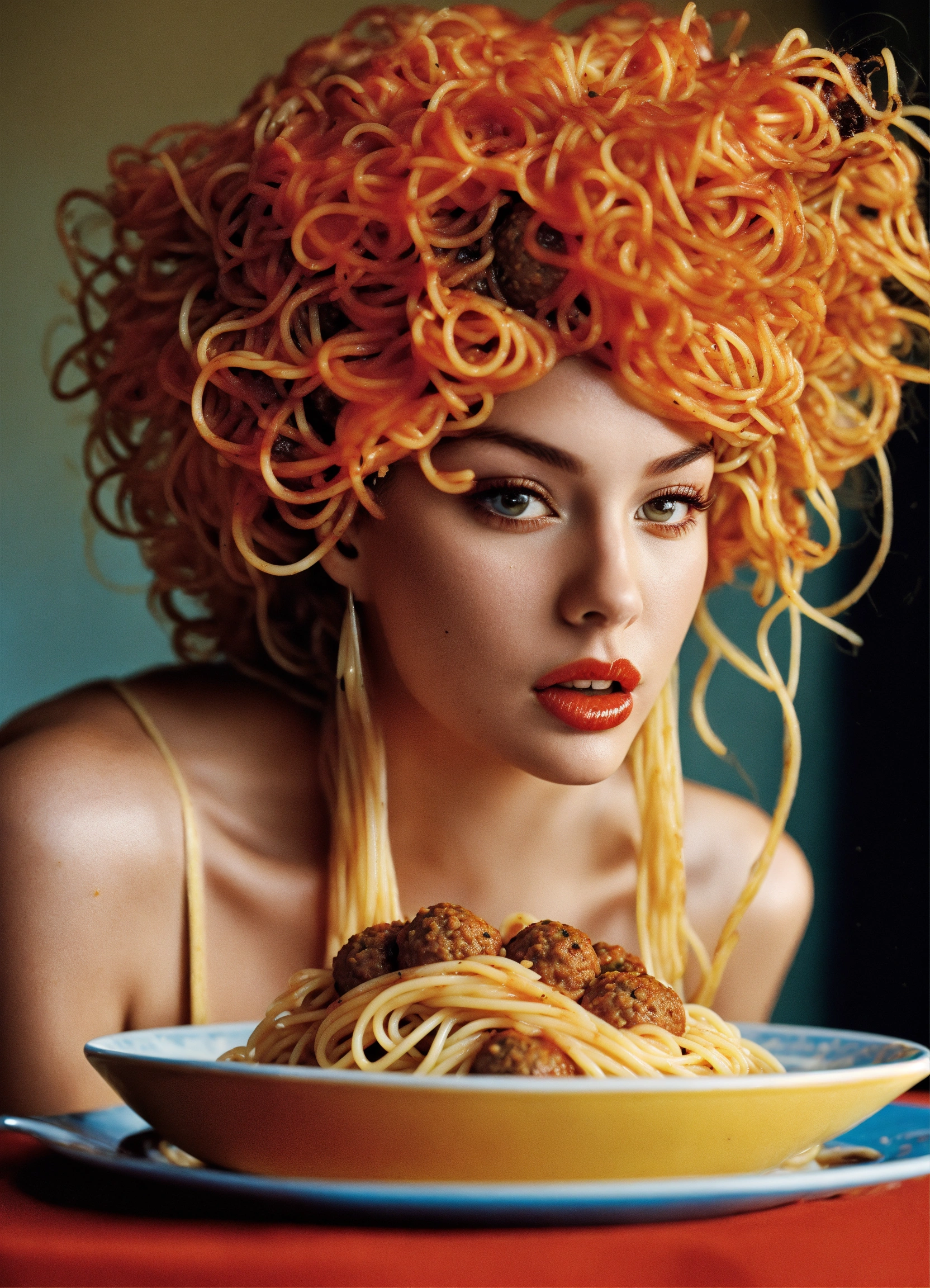 Lexica - Supermodel spaghetti hair, eating a meatball, cover of vogue