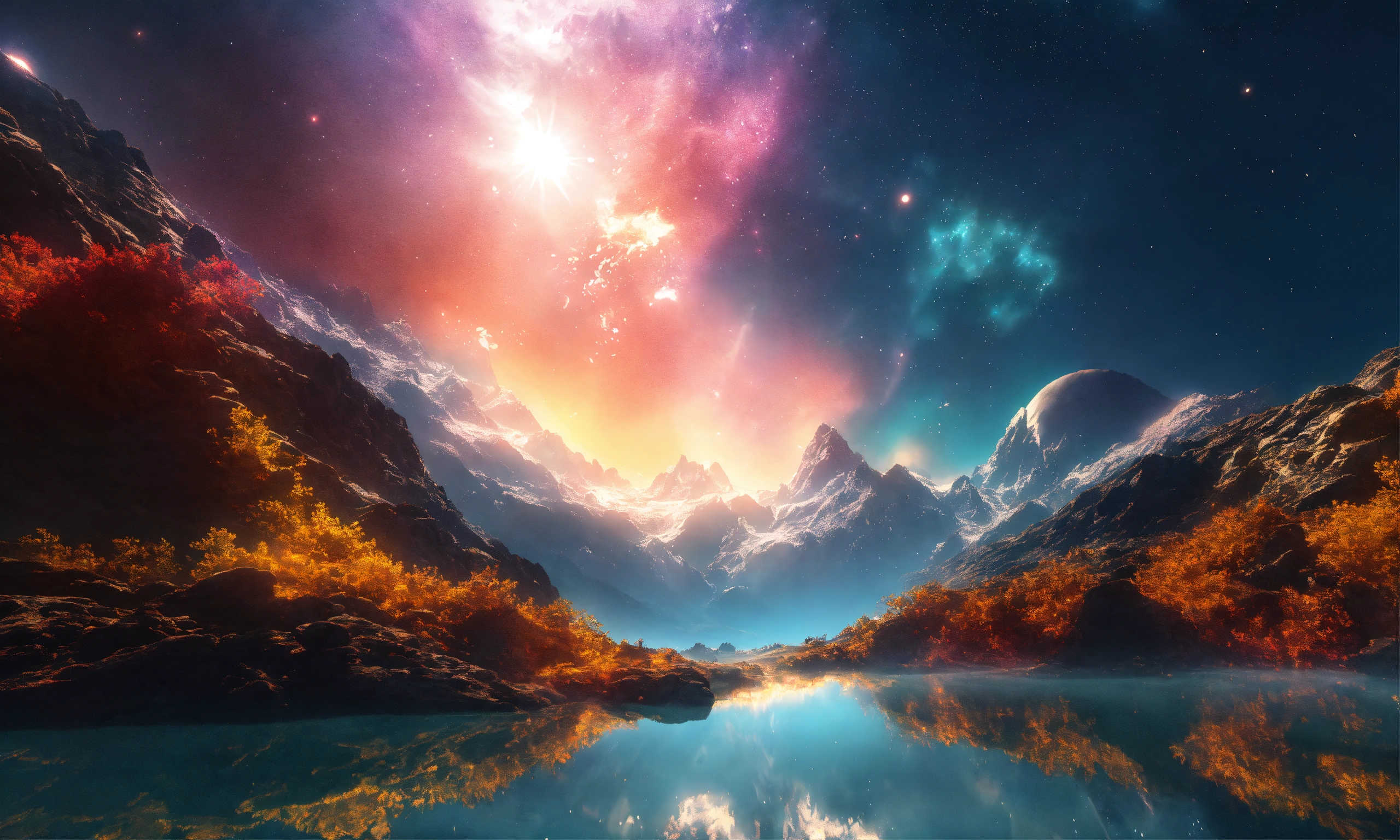 Lexica - Two ethereal water angel, mountain nebula, sun backgound ...