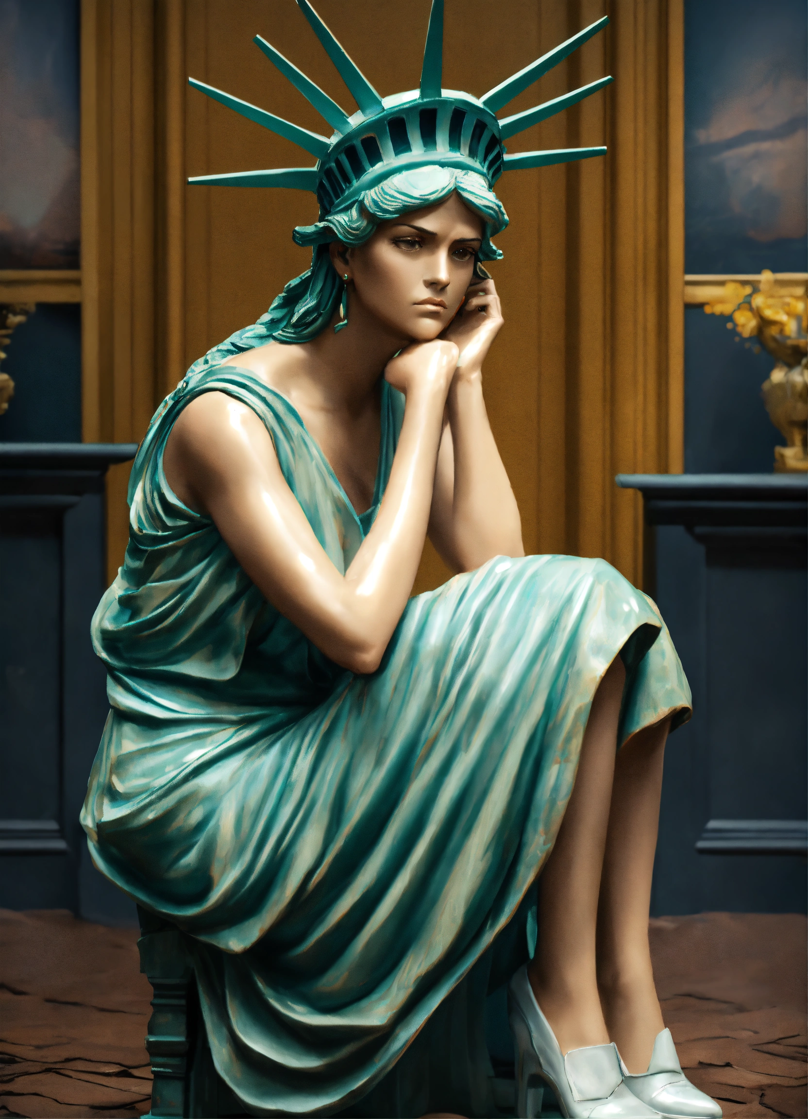 Lexica - Image of the Statue of Liberty sitting down on a stool, image ...