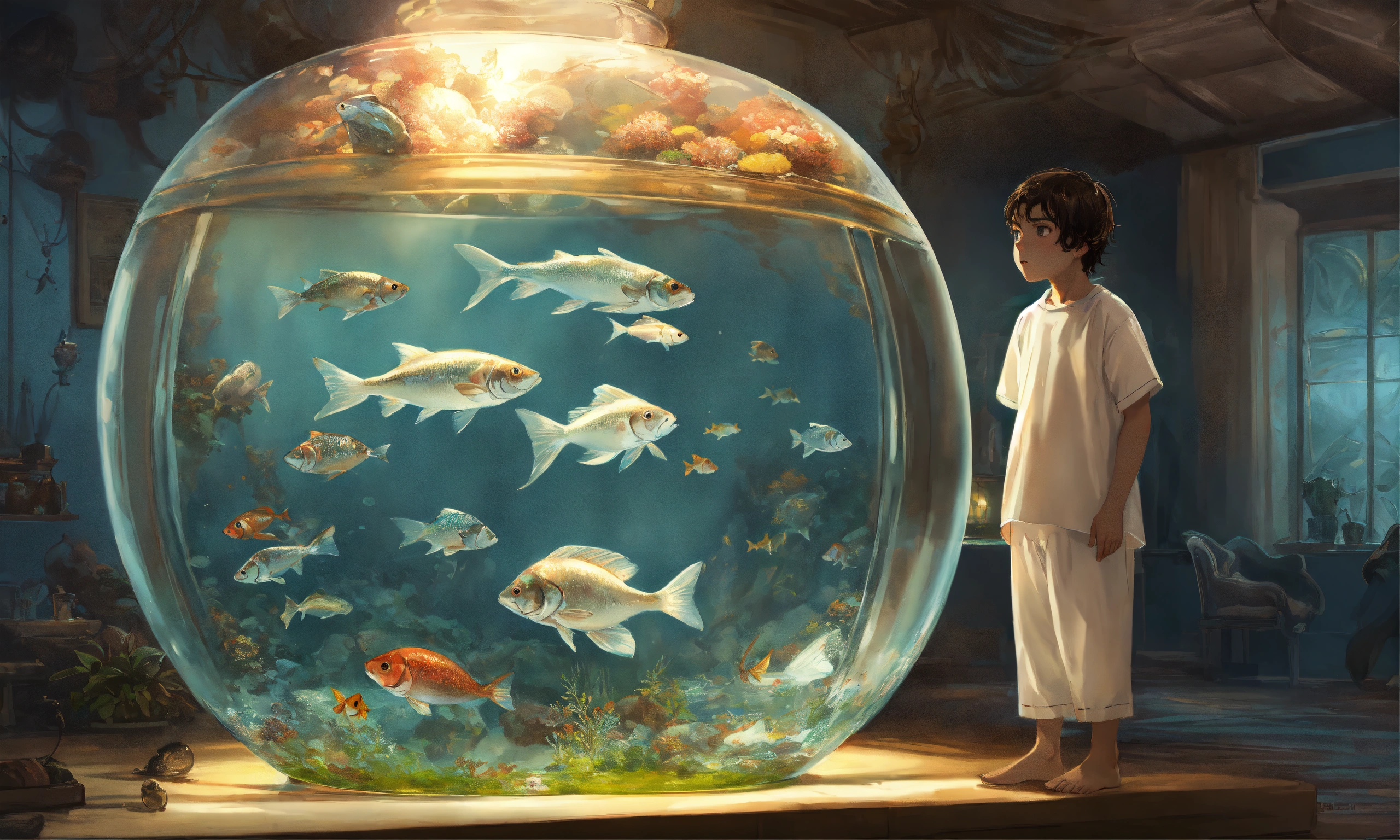 Lexica - A pale brune boy in white pijamas floating inside a giant ...