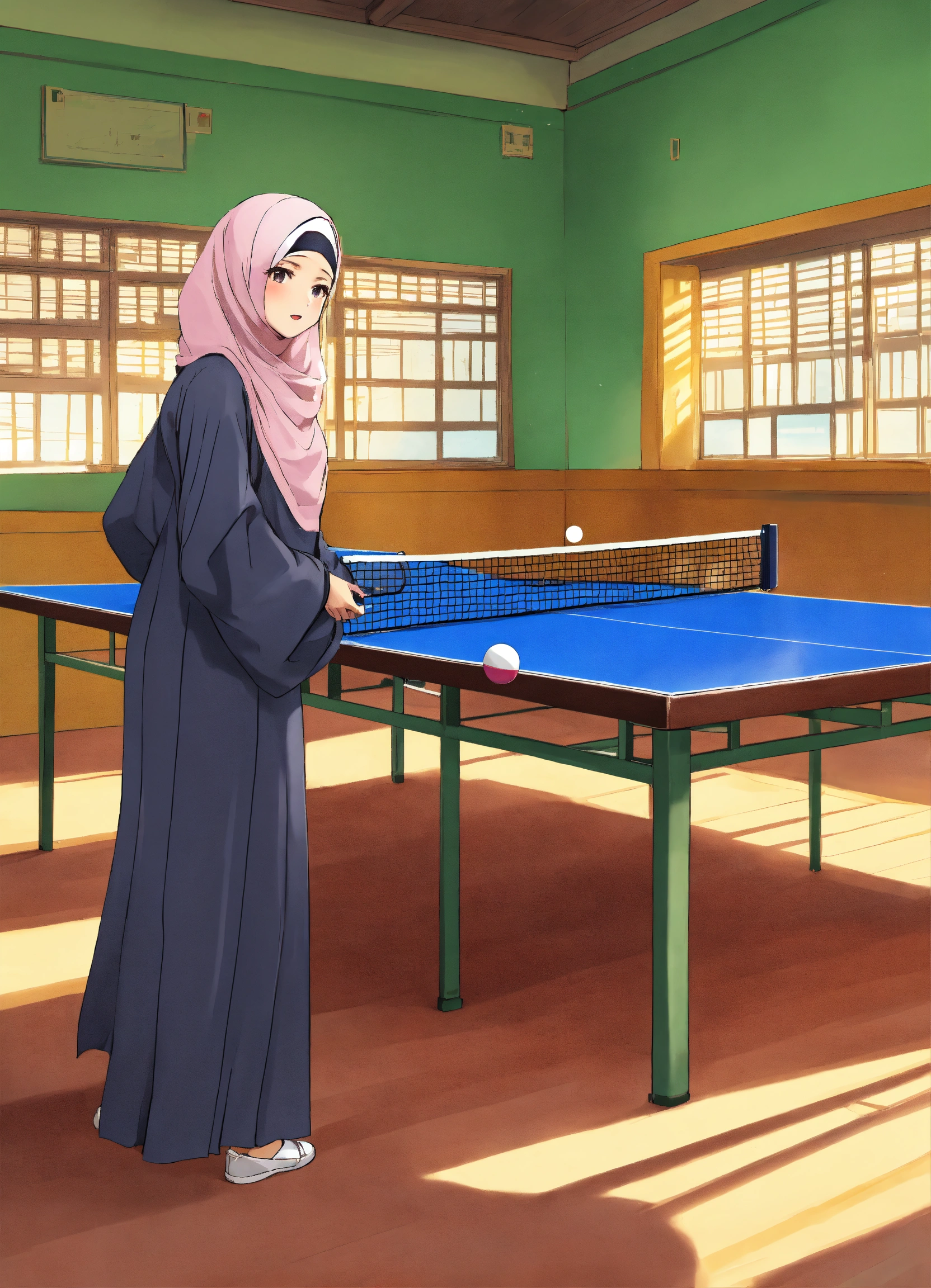Lexica - Niji style muslimah school girl, playing ping pong in class room