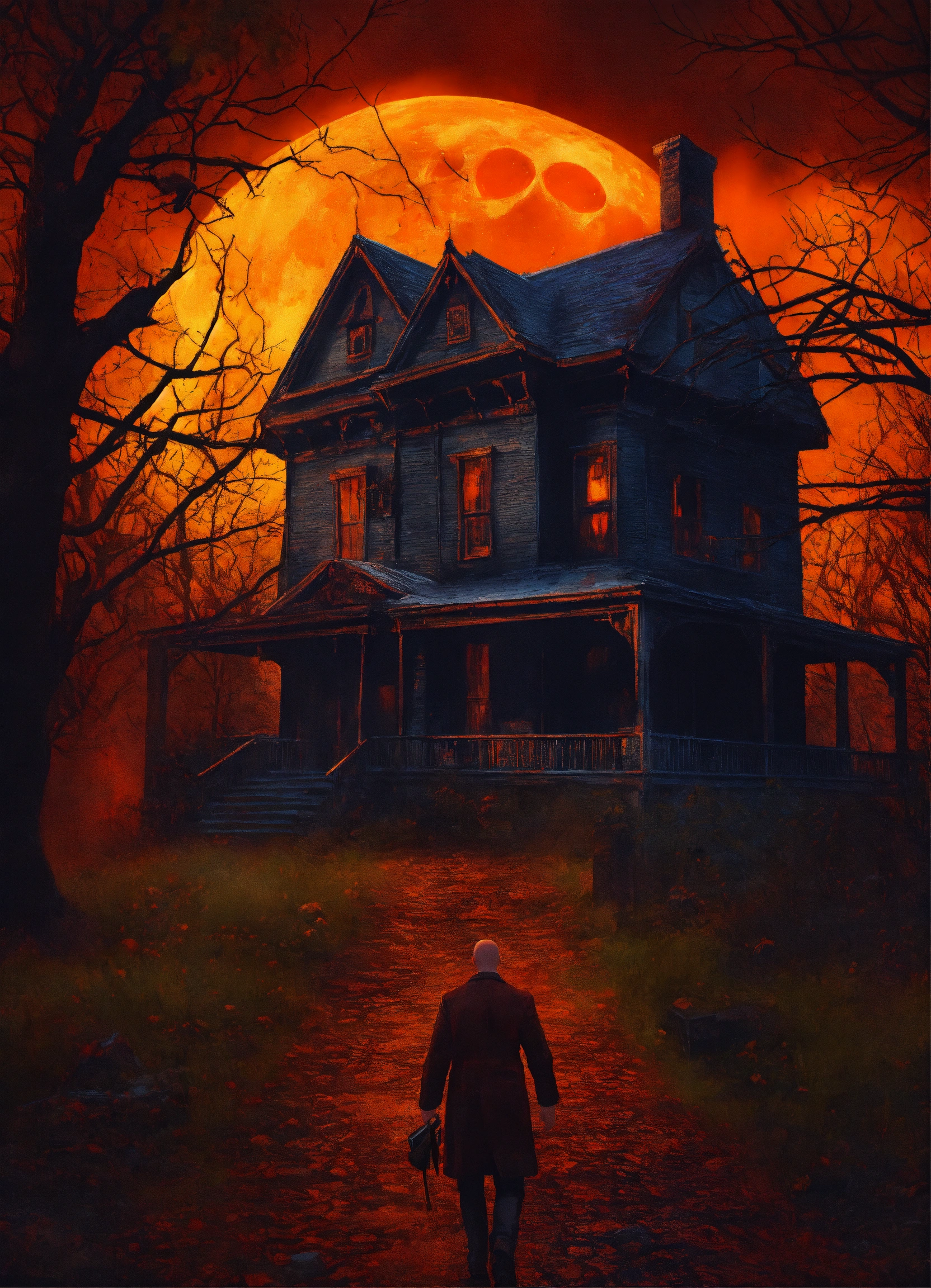 Lexica - Bald man with beard Haunted house during Halloween at night ...