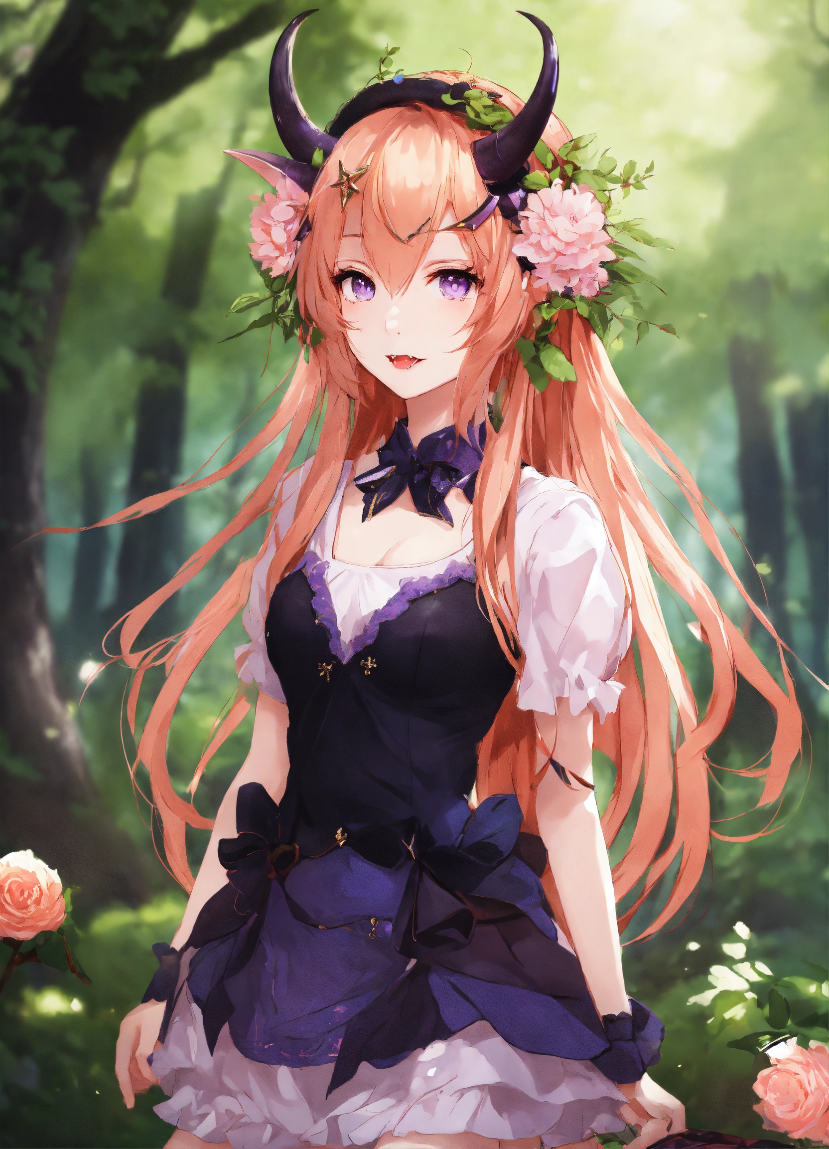 Lexica - Cute petite anime girl, peach hair, purple eyes, lip fangs ...