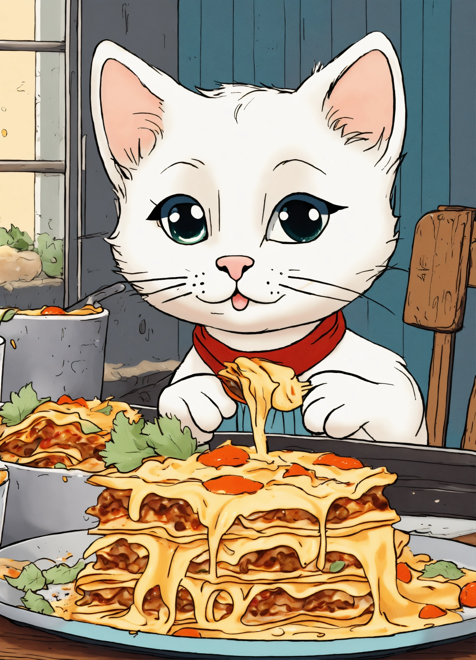 Lexica - A cute ADORABLE white LITTLE cat WITH BIG EYES, eating messy ...