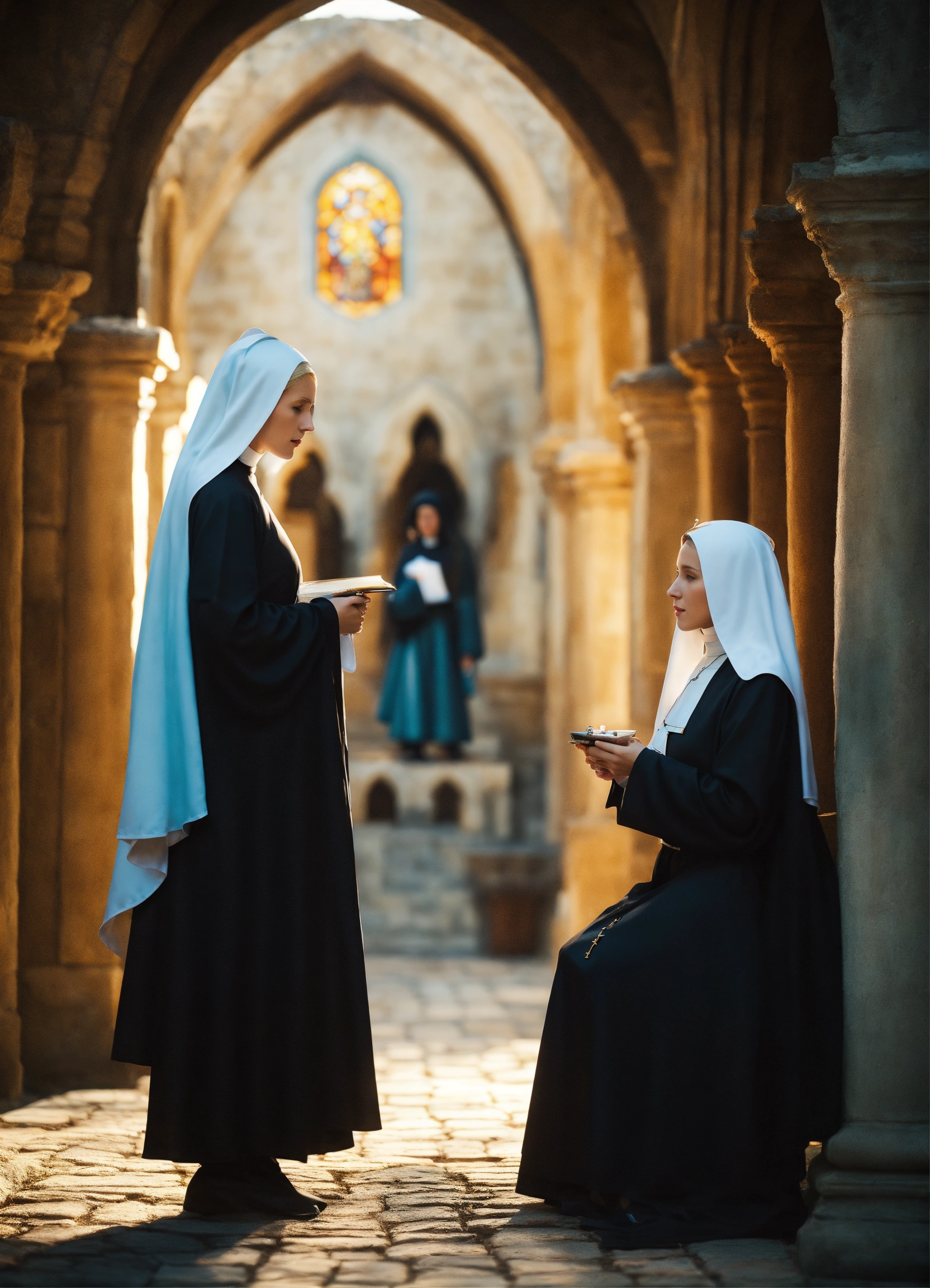 Lexica - An epic fantasy scene featuring a gorgeous beautiful blonde nun in conversation with ...