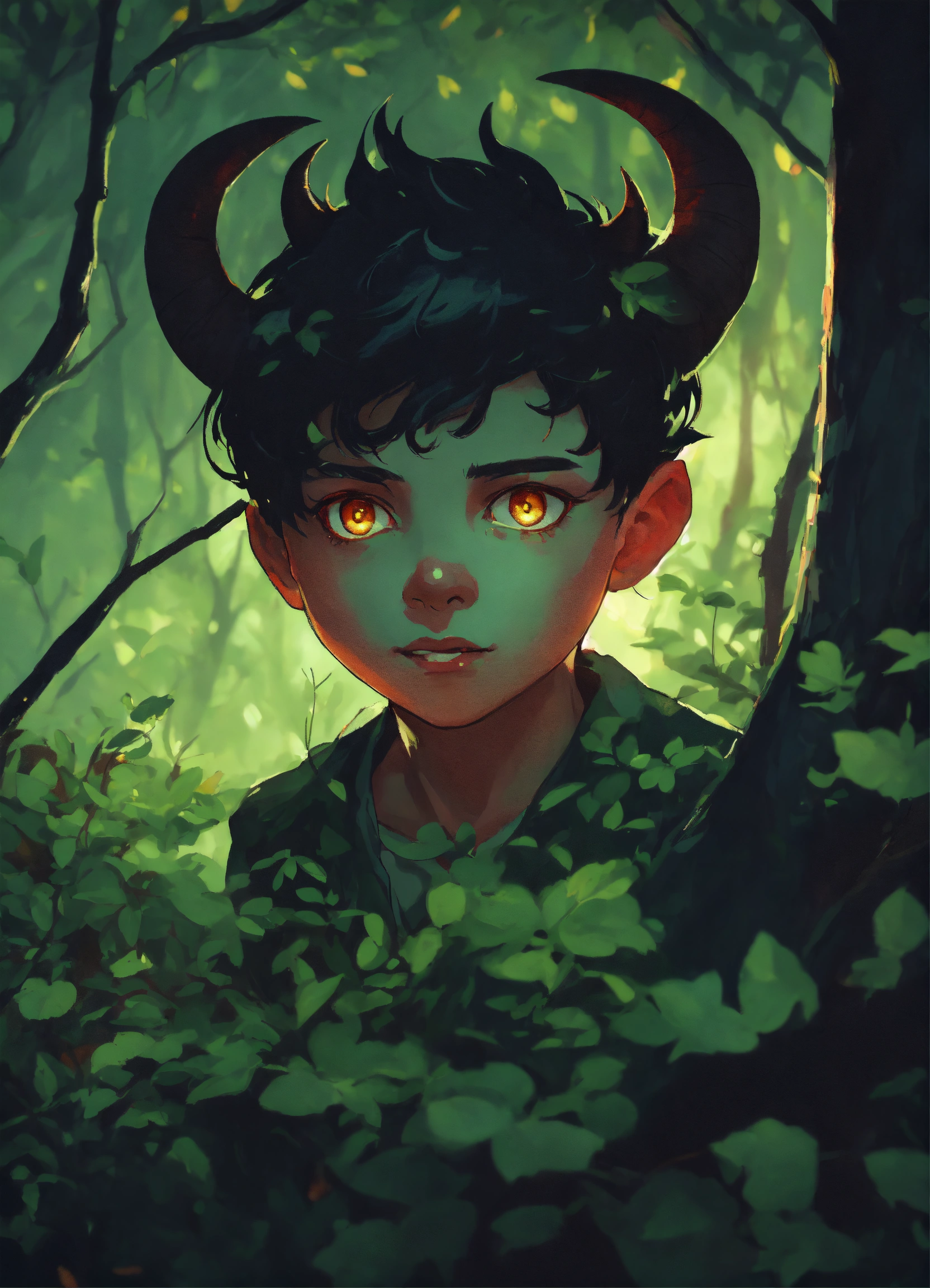 Lexica - Small demon boy with small horns , in a forest at night ...
