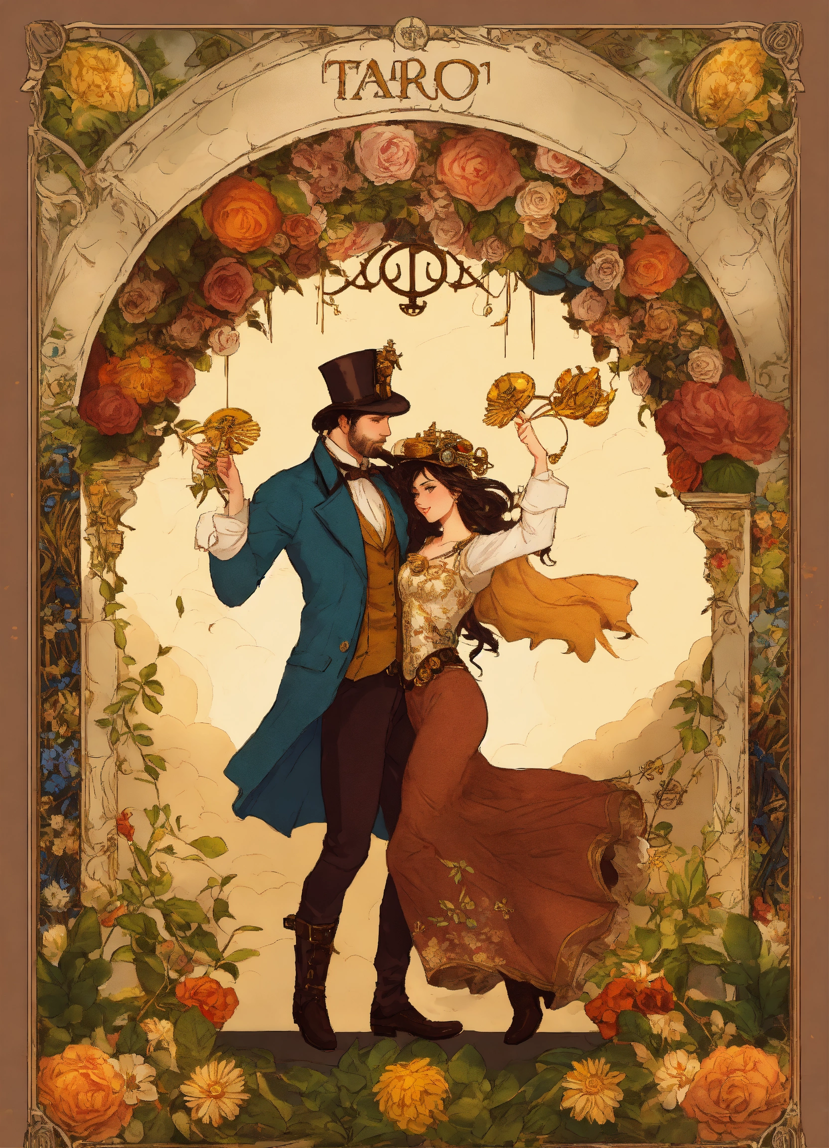 Lexica - Tarot card, man and woman dancing beneath a floral arch ...
