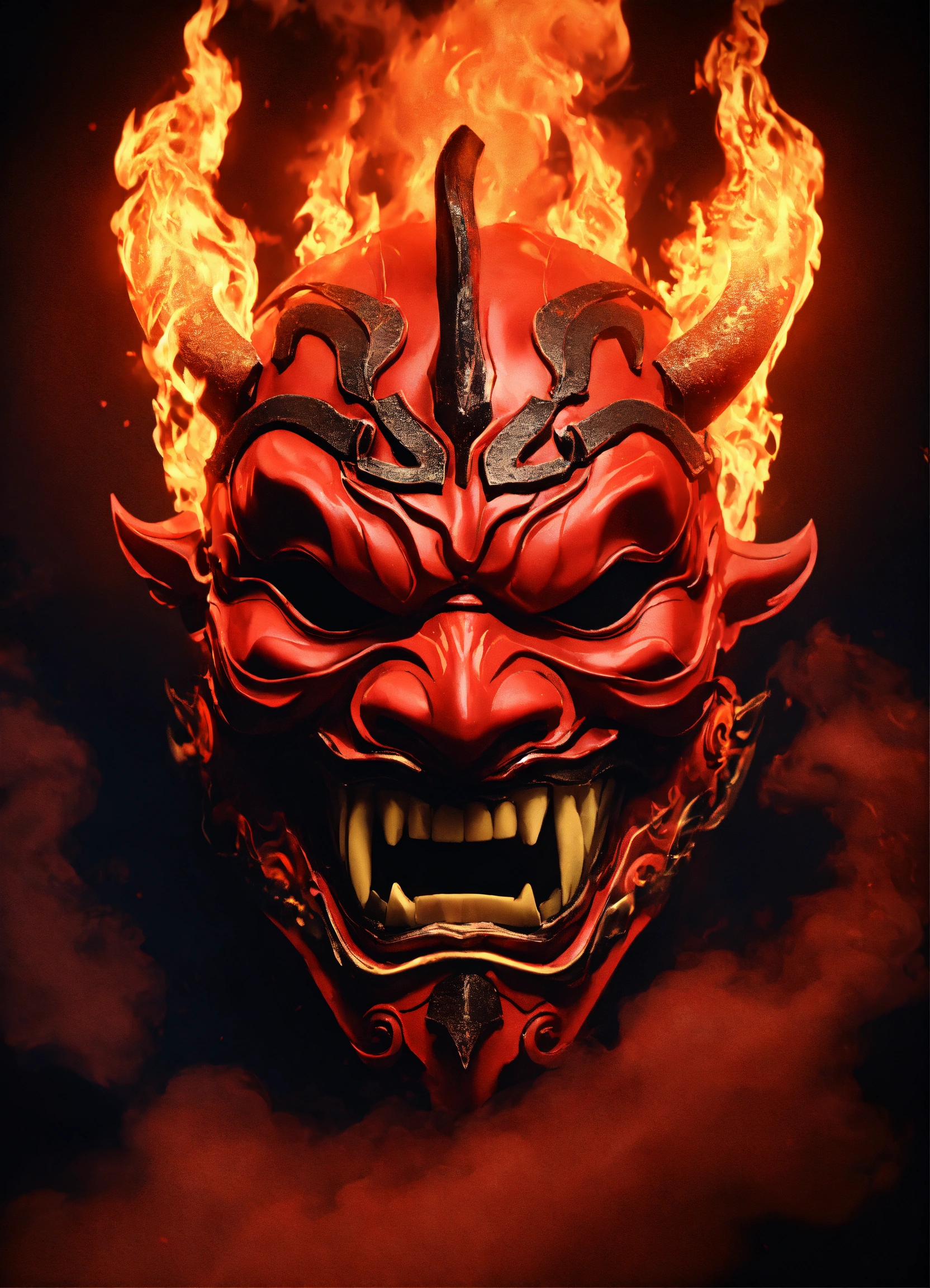 Lexica - Red oni mask, black background followed by realistic flames ...