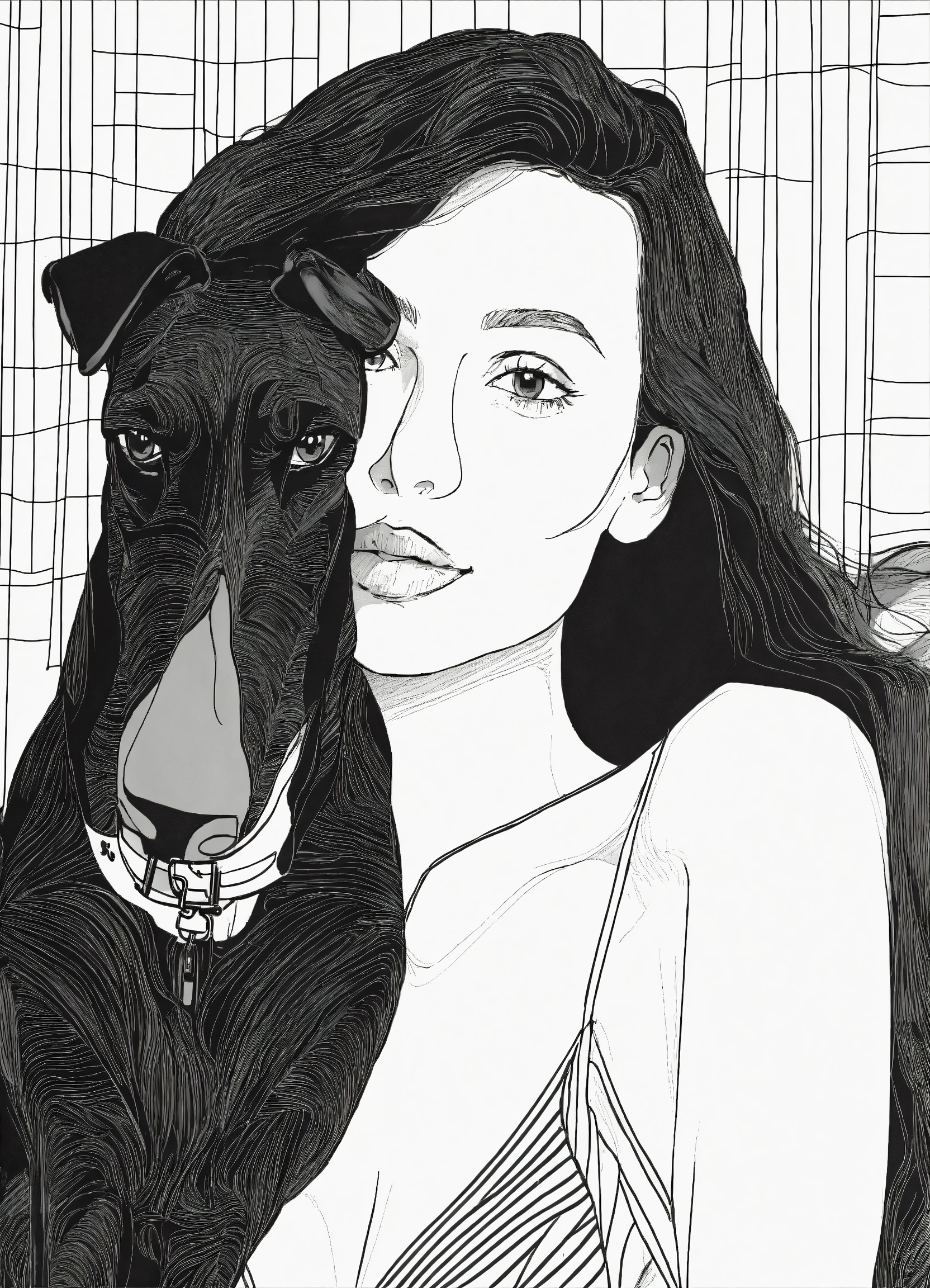 Lexica - Black and white bold line drawing, woman with Black Doberman ...