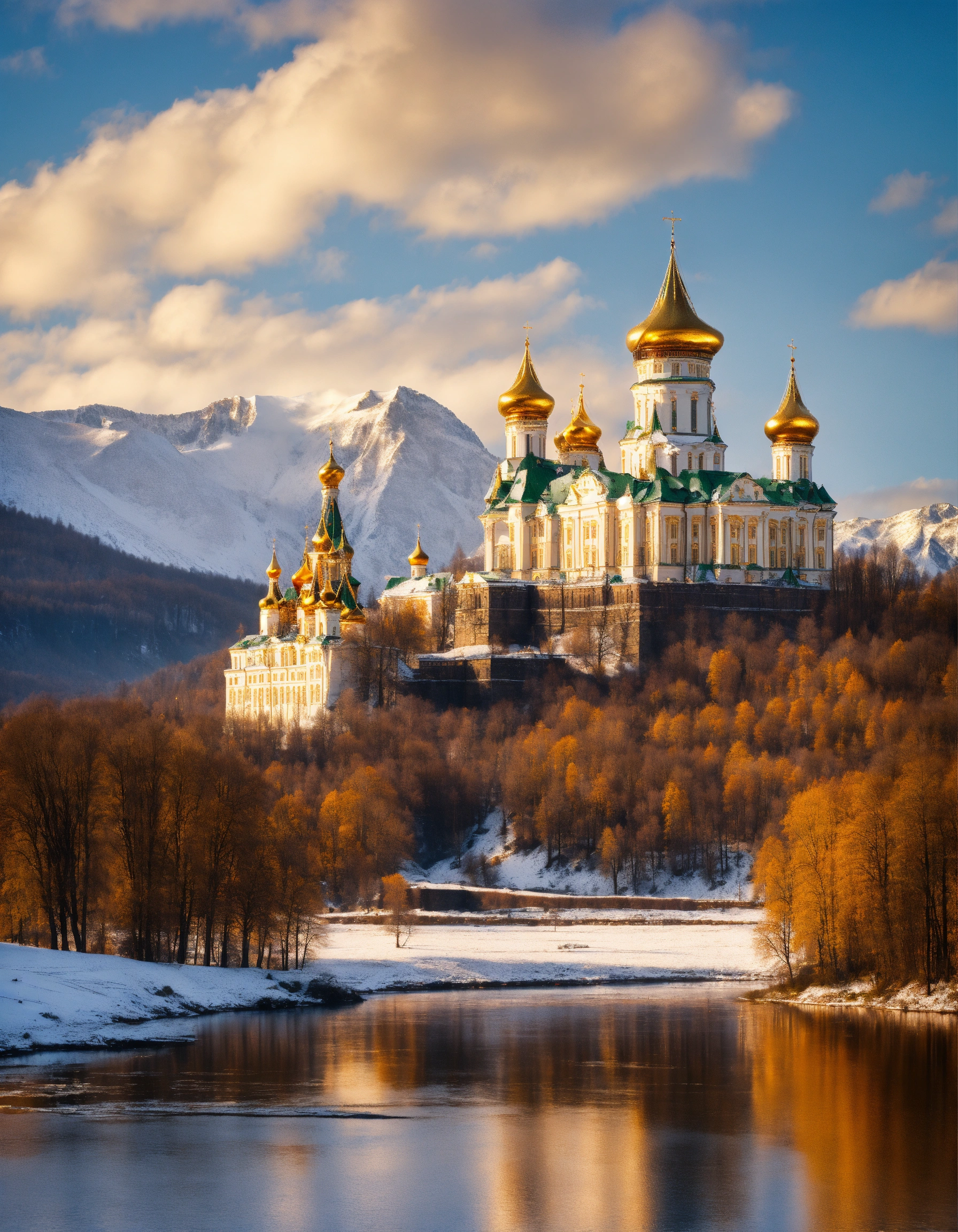 Lexica - Russian royal castle with golden roof in foreground and winter ...