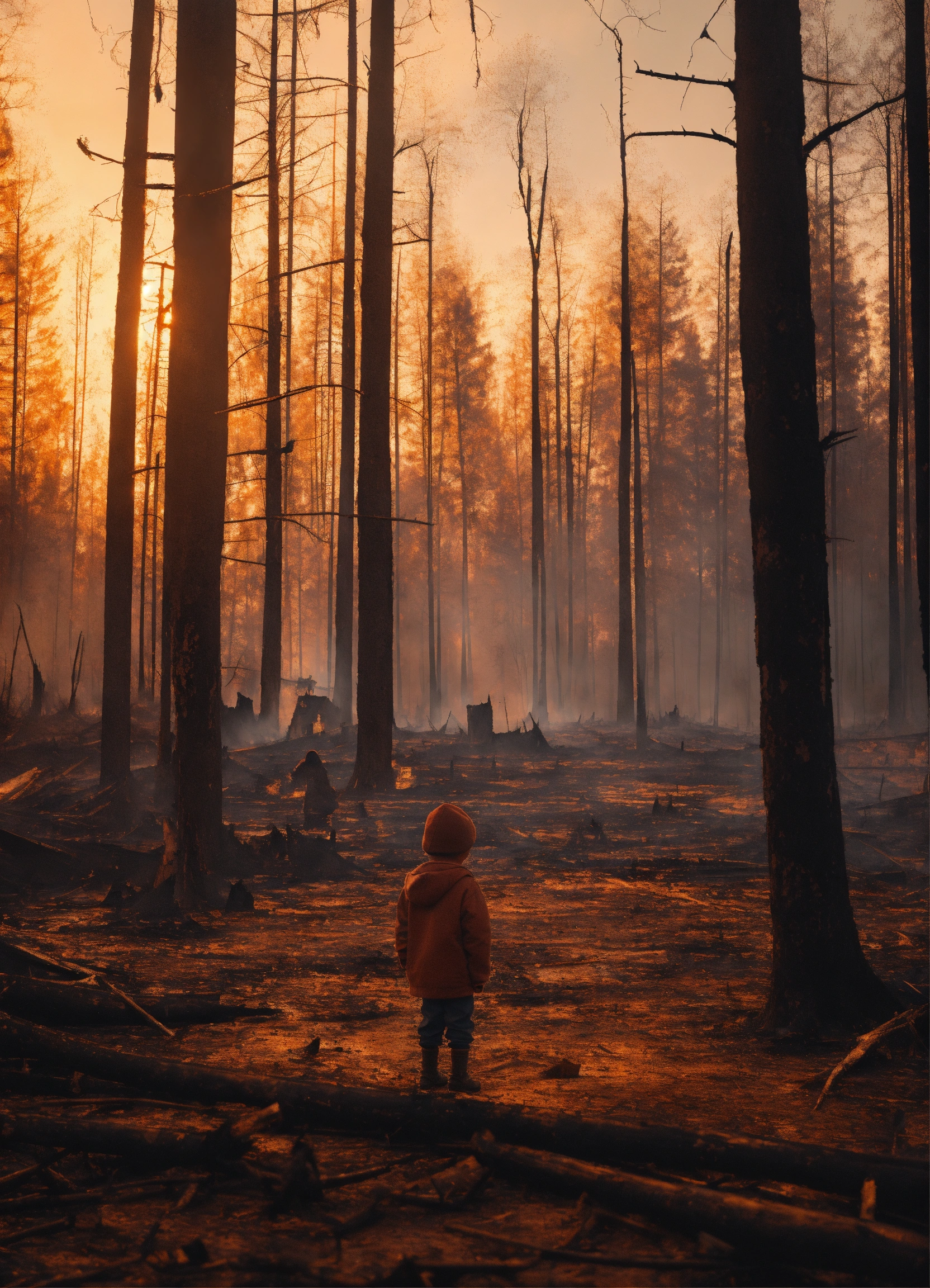 Lexica - A sad childern standing in front of a burnt down forest, stunning details, scketch 8k