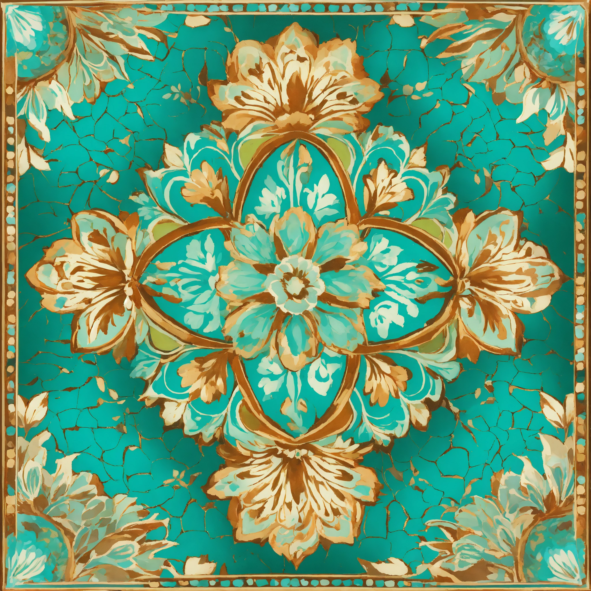 Lexica - Floral print, tiled motif, turquoise, shiny, bohemian