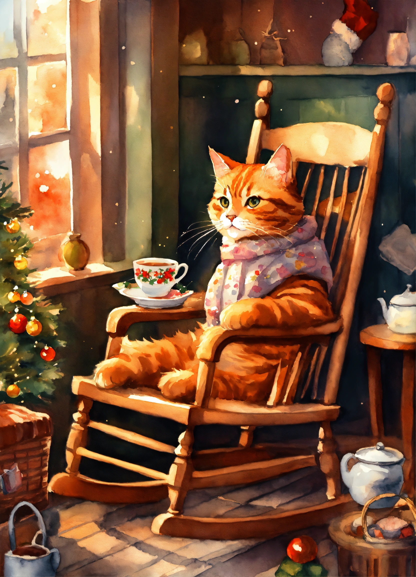 Lexica - Cute humanized cat sitting in a rocking chair with hot tea in ...