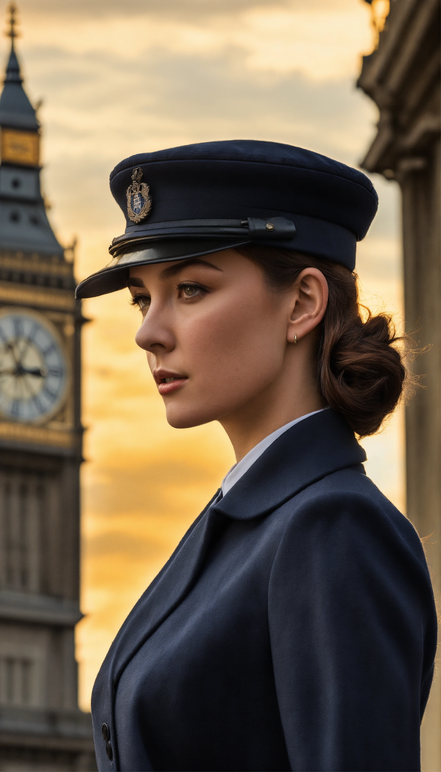 Lexica - Female MI6 agent, peaked cap, London backdrop
