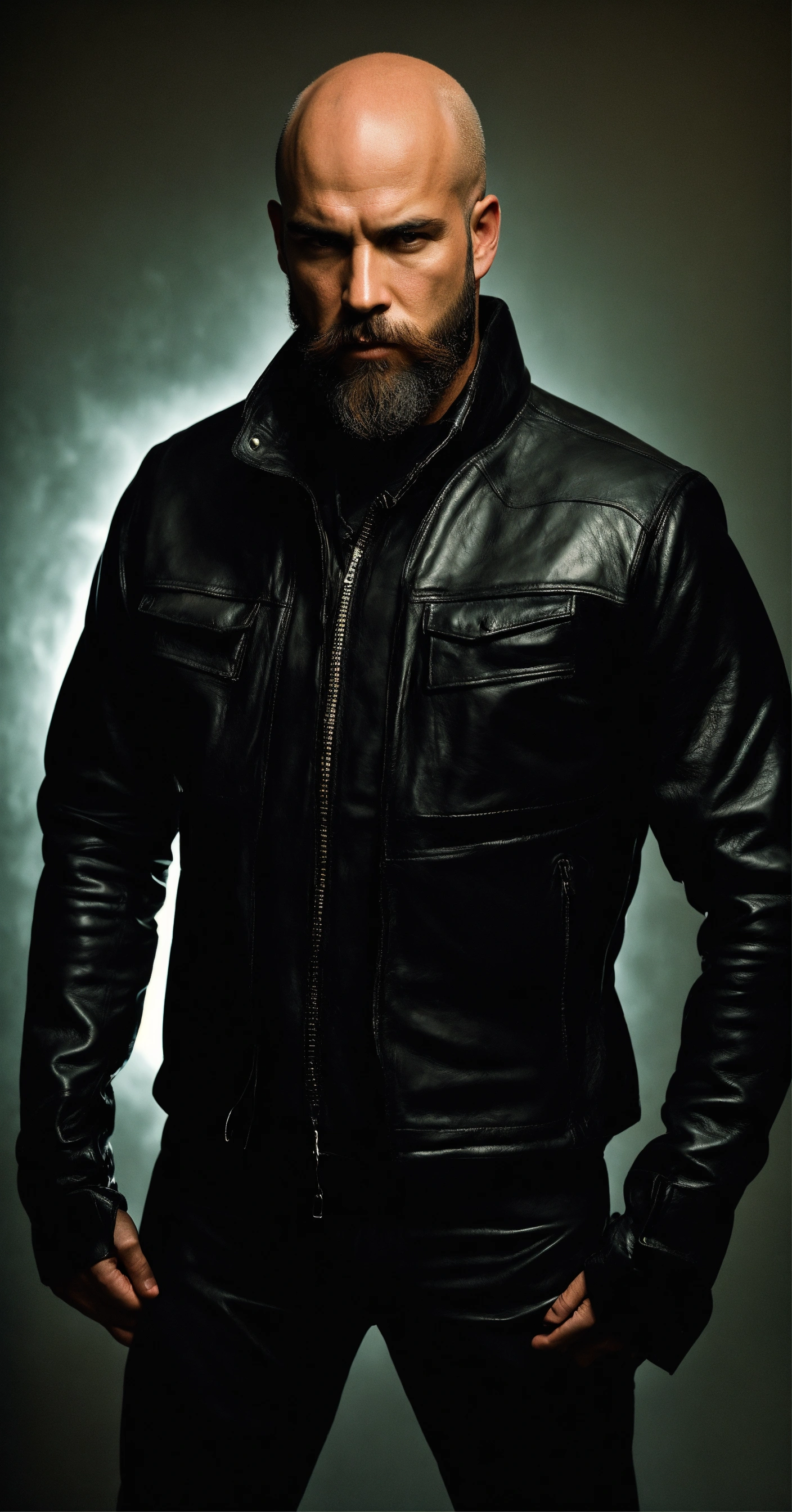 Lexica - A tough looking man in ultratight leather with beard and bald ...