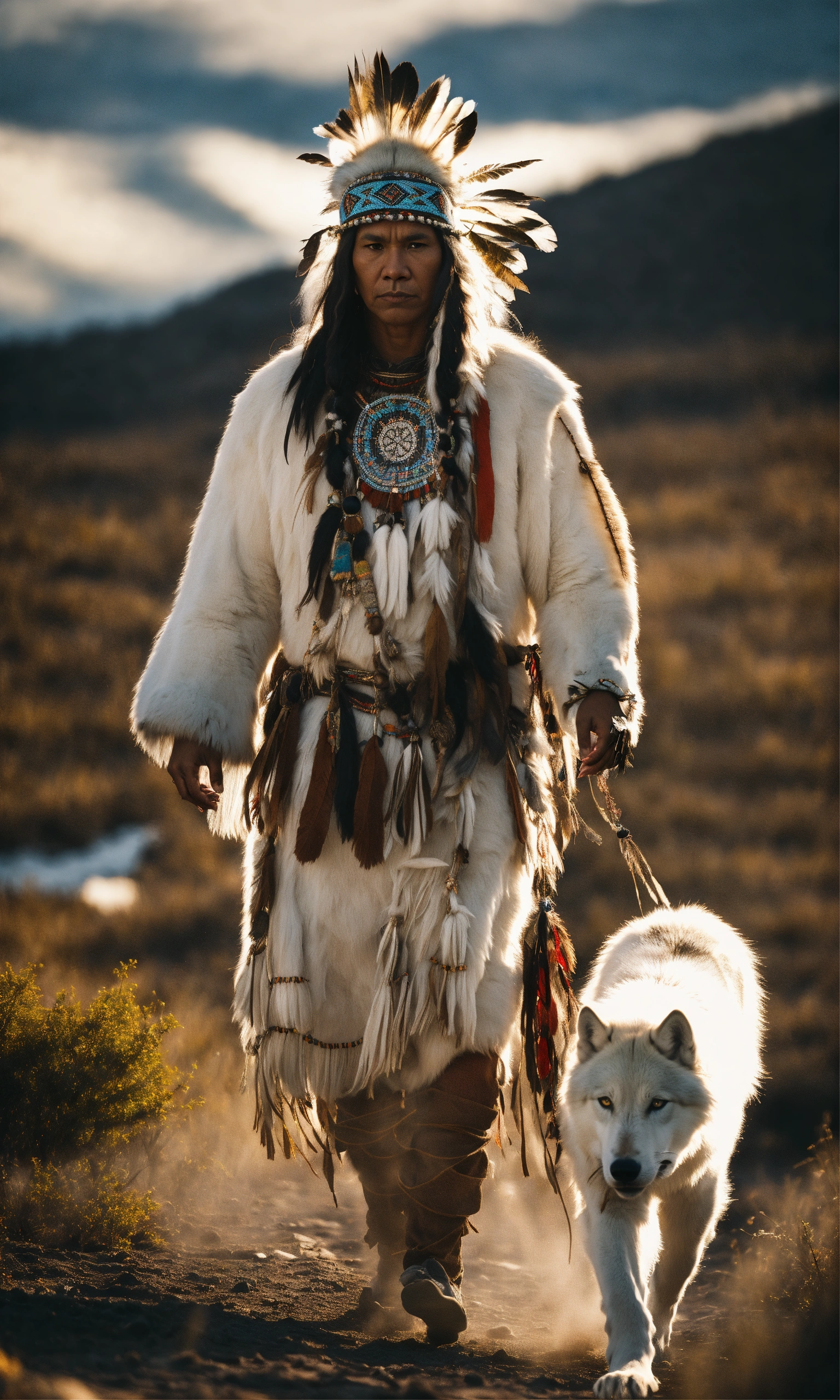 Lexica - Cinematic image of indigenous shaman of North America walking ...