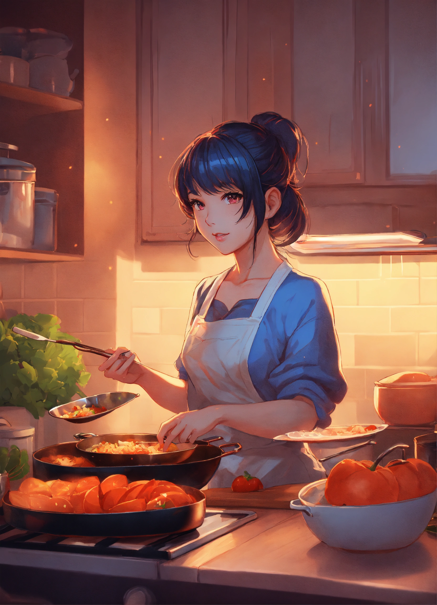 Lexica - A cute anime lofi girl cooking dinner at home during the night ...